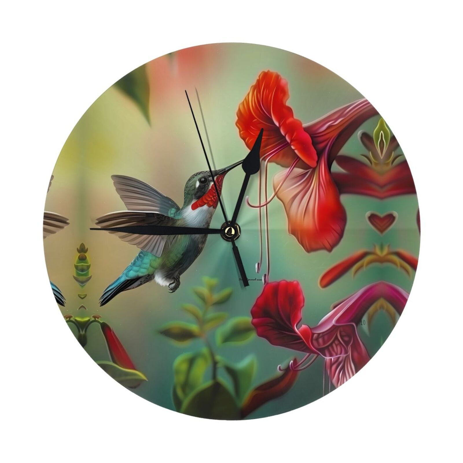 Wall Clock - Hummingbird Floral Paradise 9.8 Inch Silent Non Ticking ...