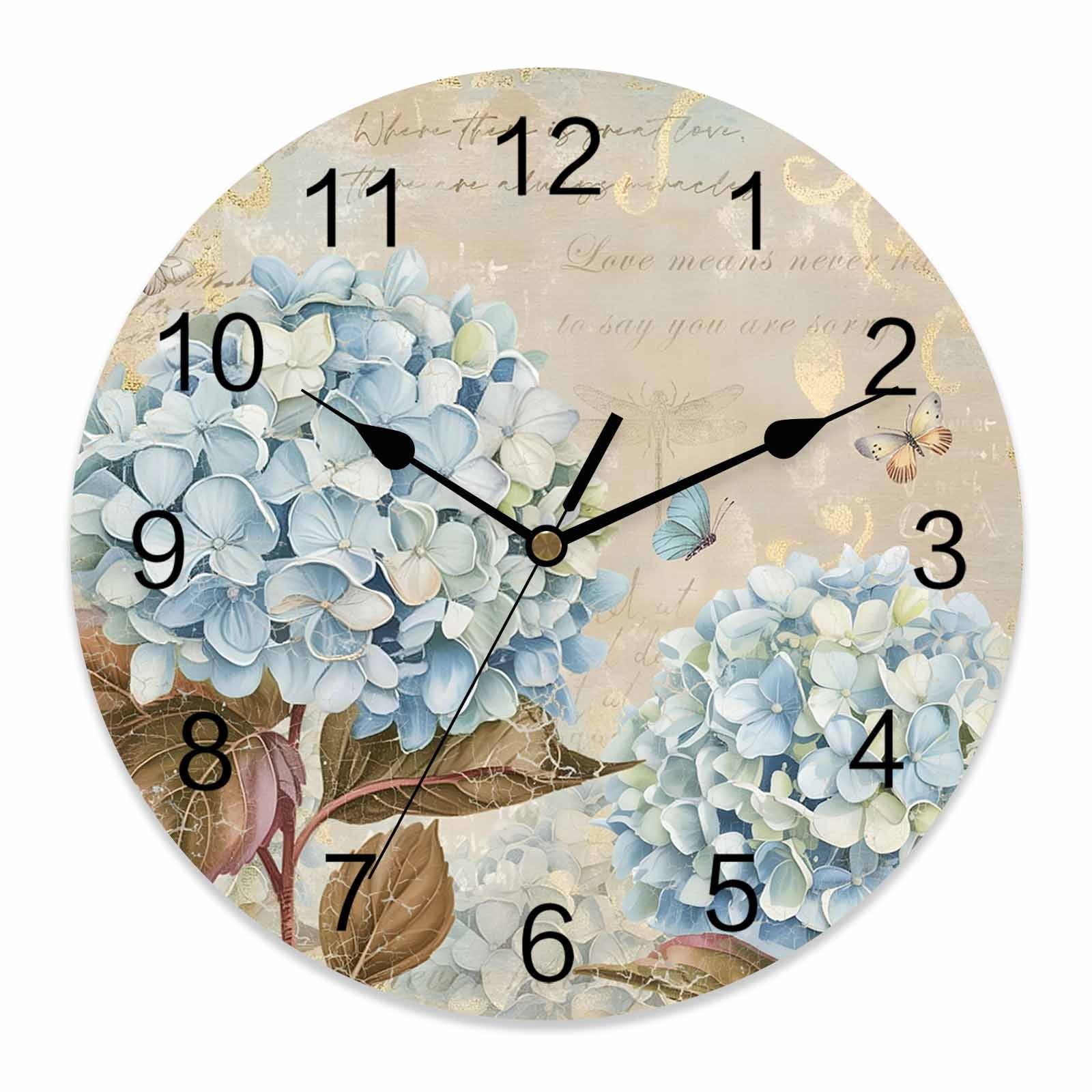 Wall Clock Hydrangea Floral Clocks PVC Silent Non-Ticking Battery ...
