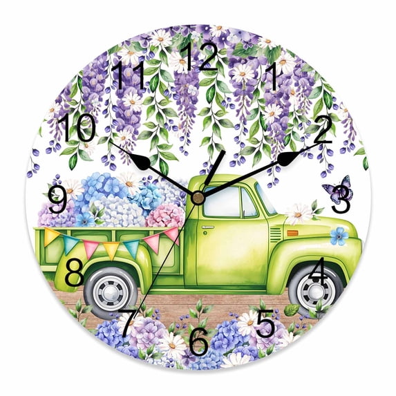 Wall Clock Hydrangea Green Truck Clocks PVC Silent Non-Ticking Battery ...
