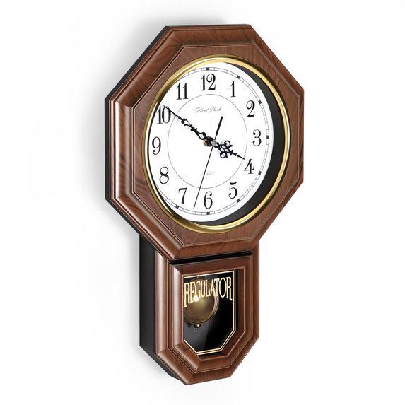 "OLOV Wall Clock, Faux Walnut Wood with Pendulum, Battery Operated ...
