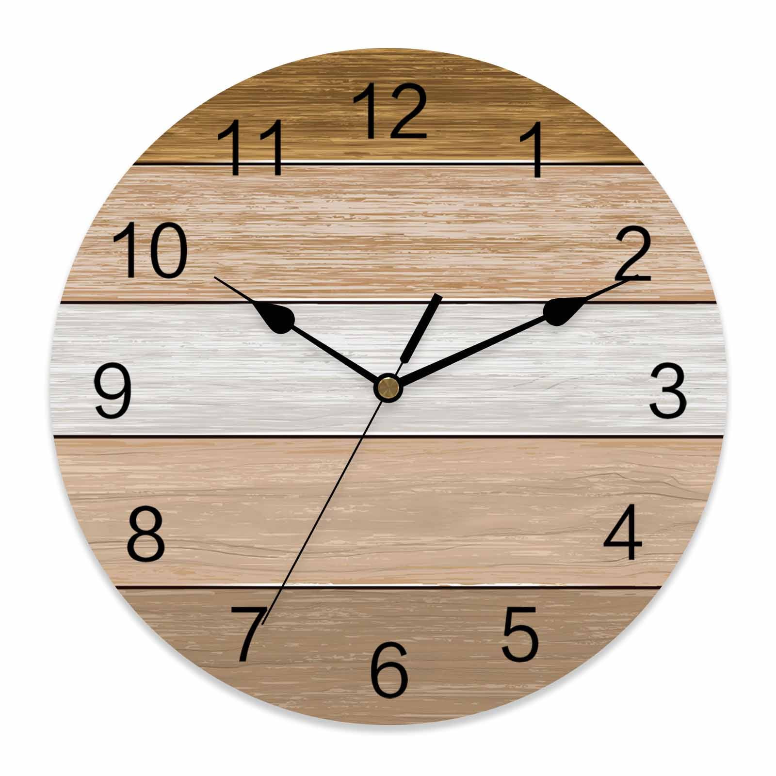 Wall Clock Khaki Grey Wood Grain Clocks PVC Silent Non-Ticking Battery ...