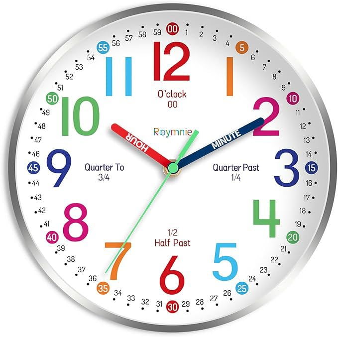 Wall Clock for Kids Learning to Tell Time Easily Non Ticking Battery ...