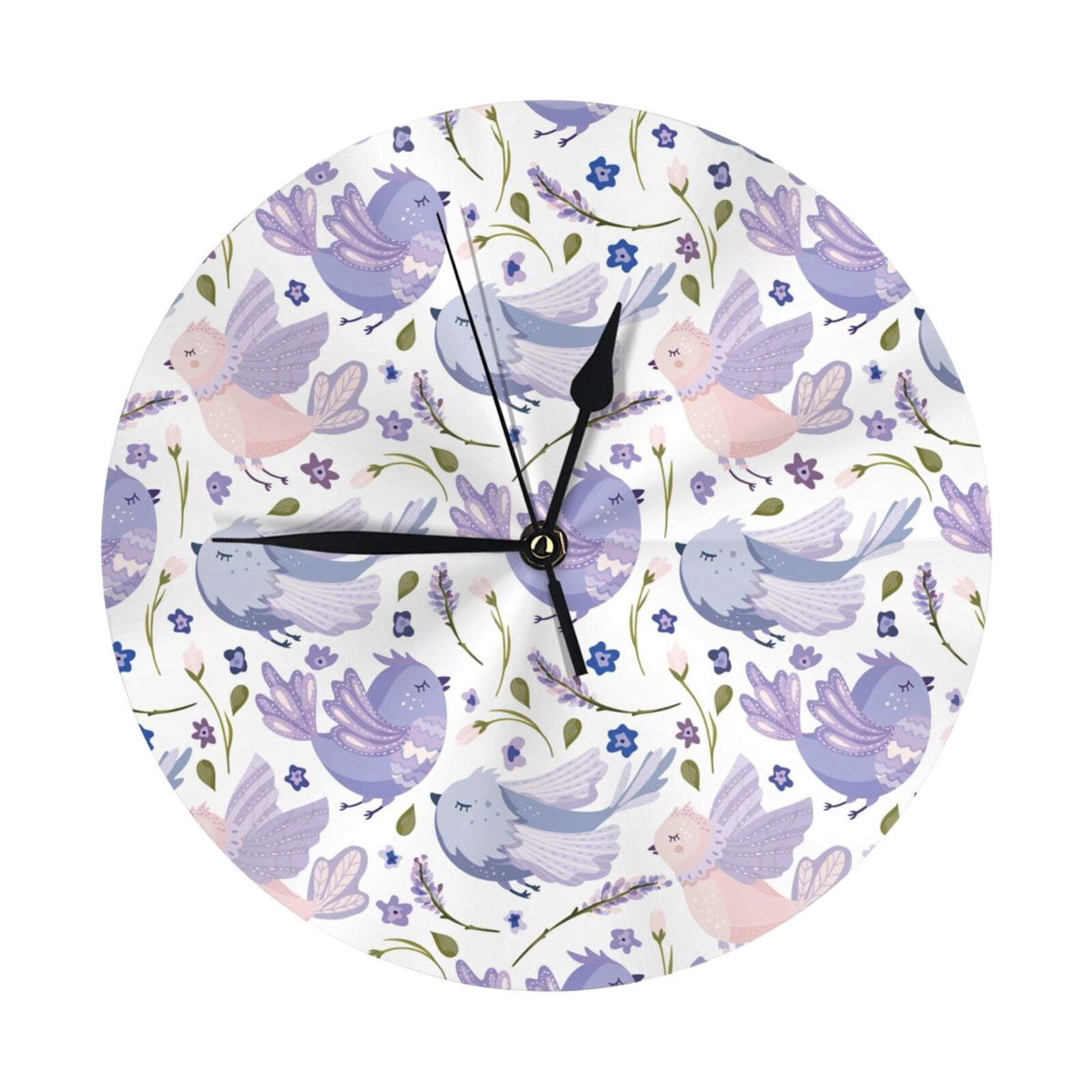 Wall Clock, Lavender Flowers Bird Purple Wall Clocks Battery Operated ...