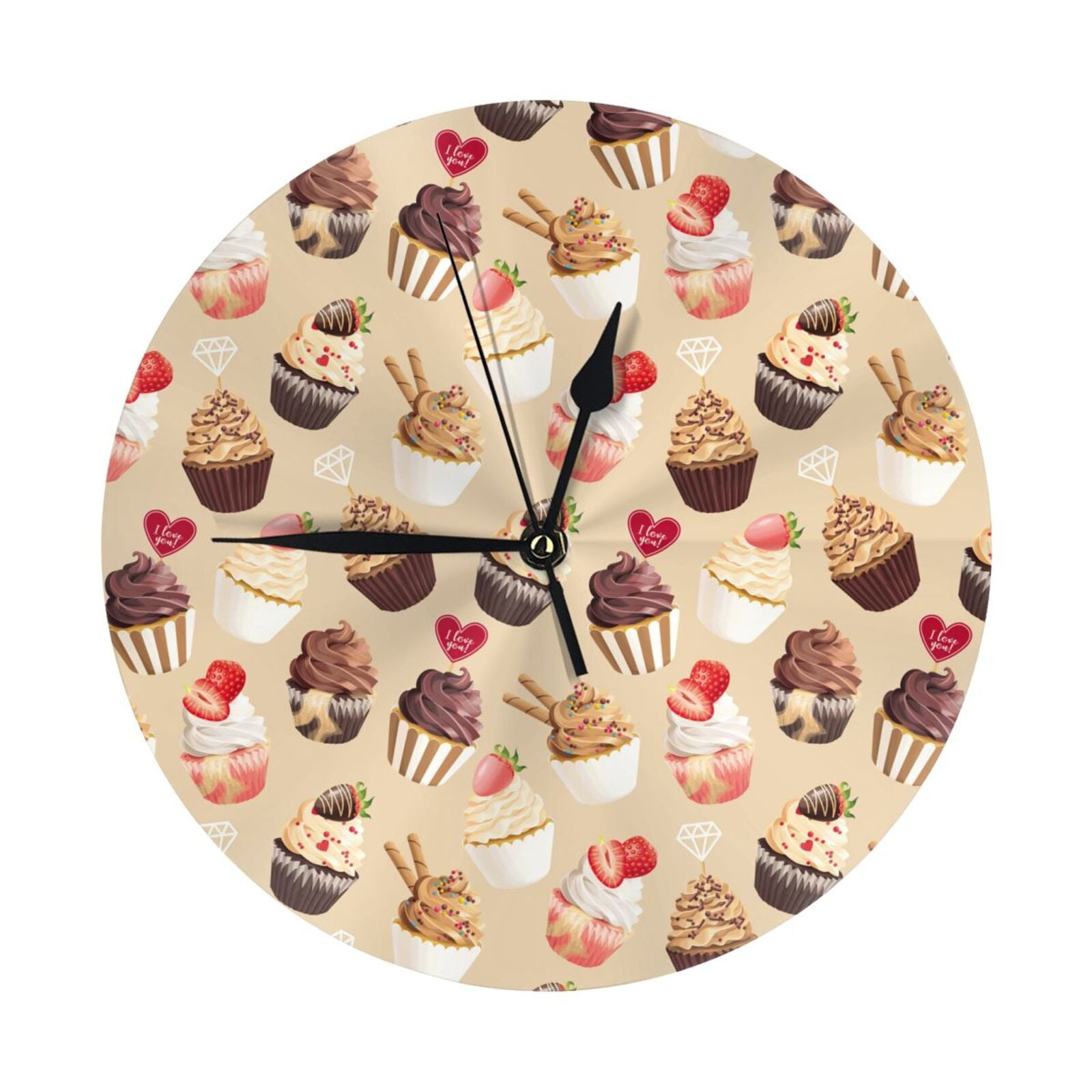 Wall Clock, Love Cupcake Strawberry Print Wall Clocks Battery Operated ...