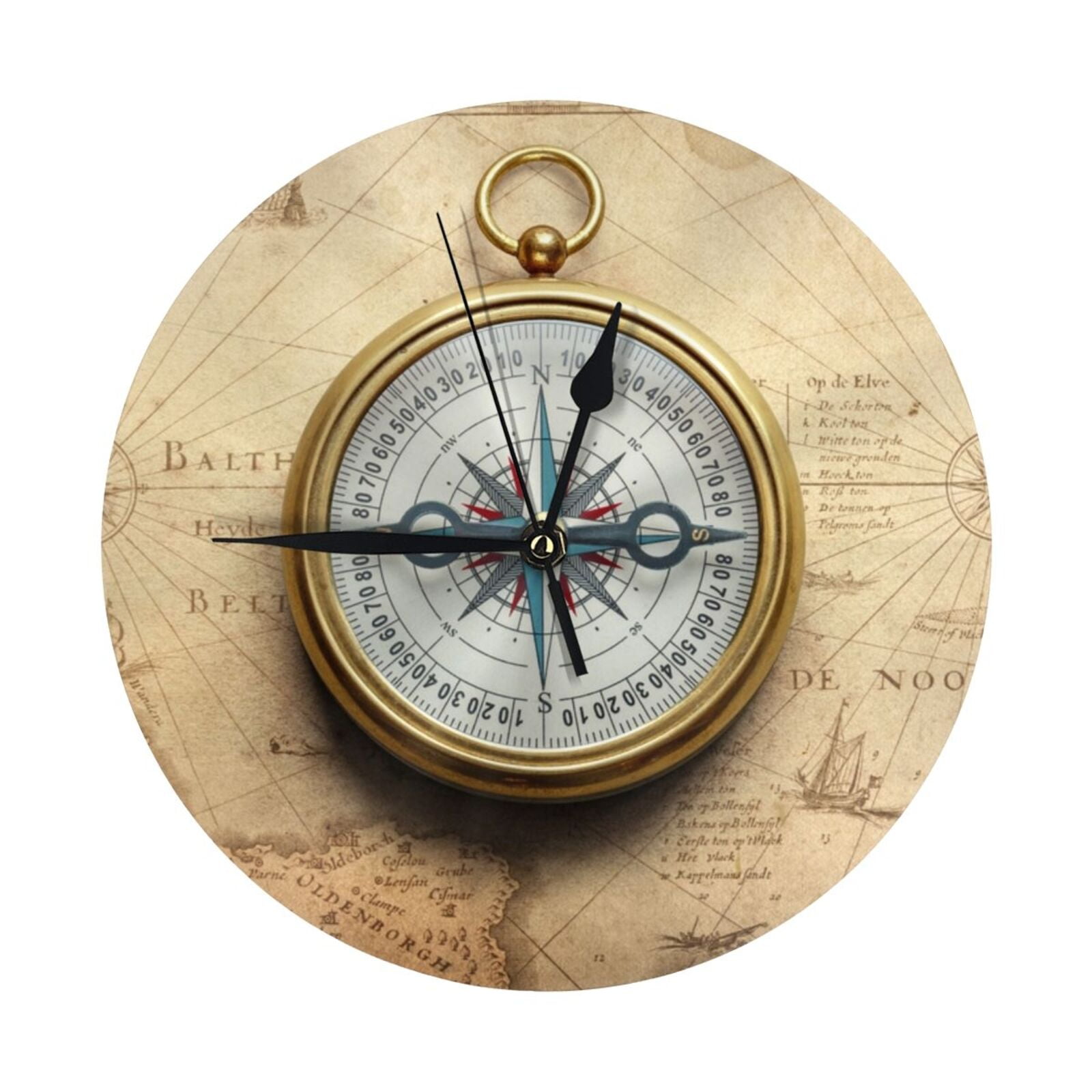 Wall Clock - Magnetic Old Compass On World Map 9.8 Inch Silent Non ...
