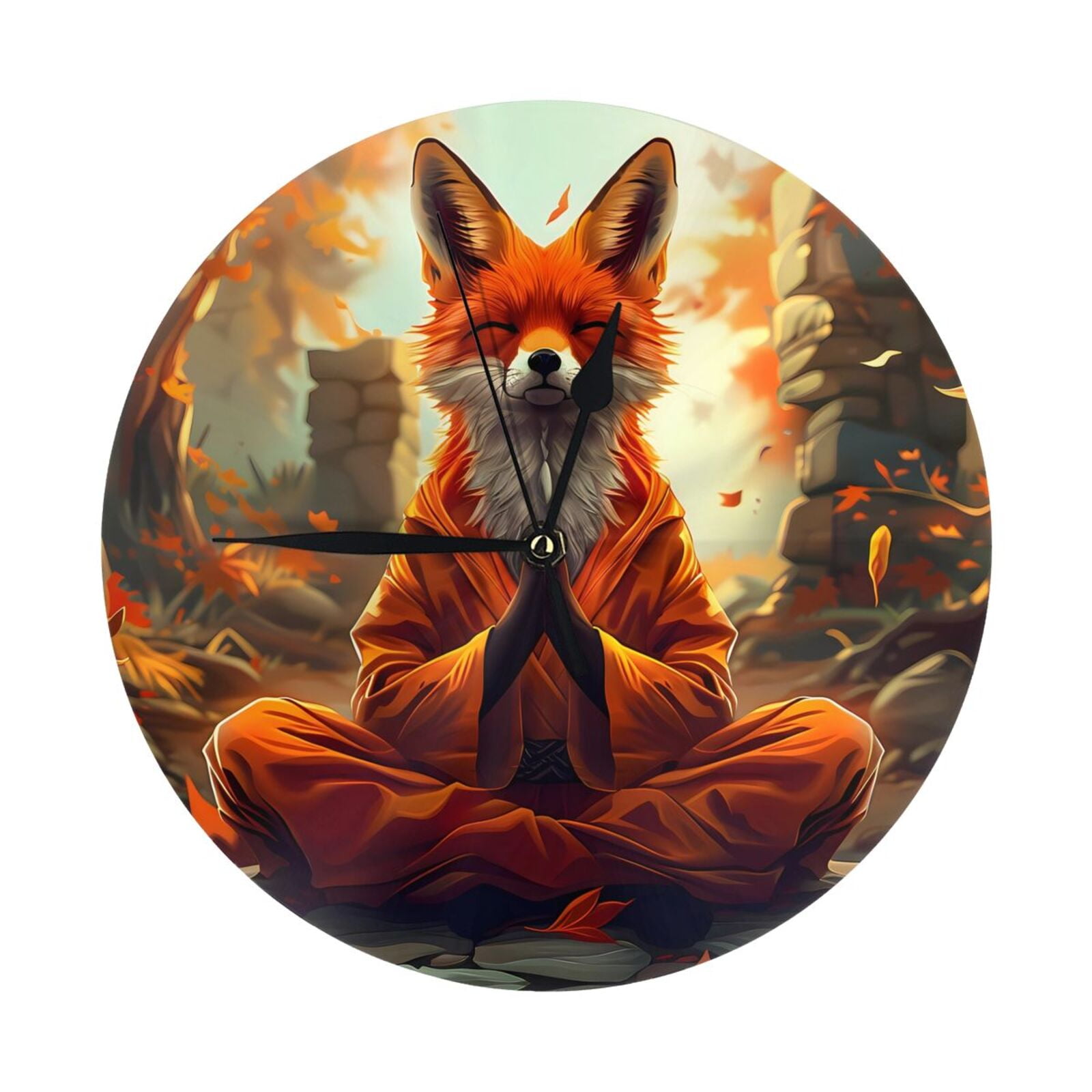 Wall Clock Maple Leaf Meditating Fox Wall Clocks Battery Operated ...