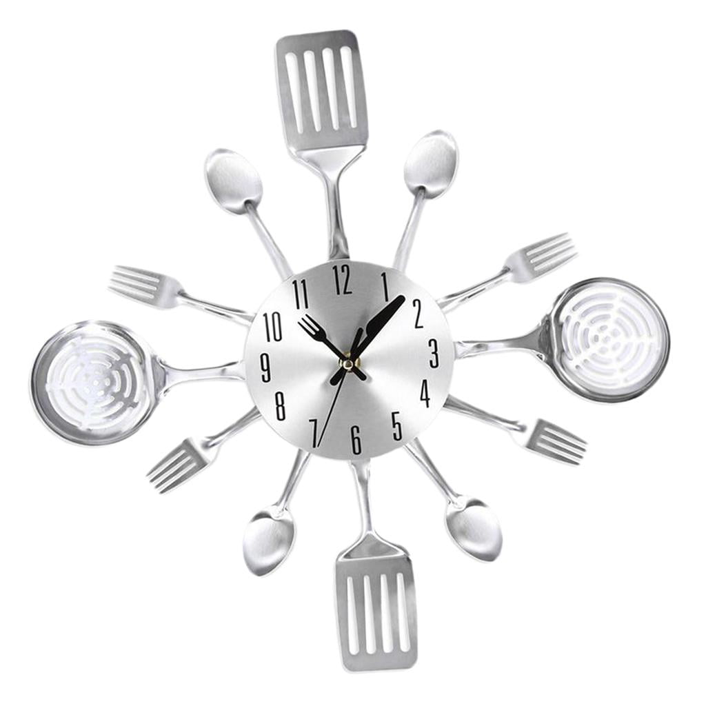 Wall Clock Metal Mute Utensils Toned Forks Spoons Spatulas Wall Clock ...