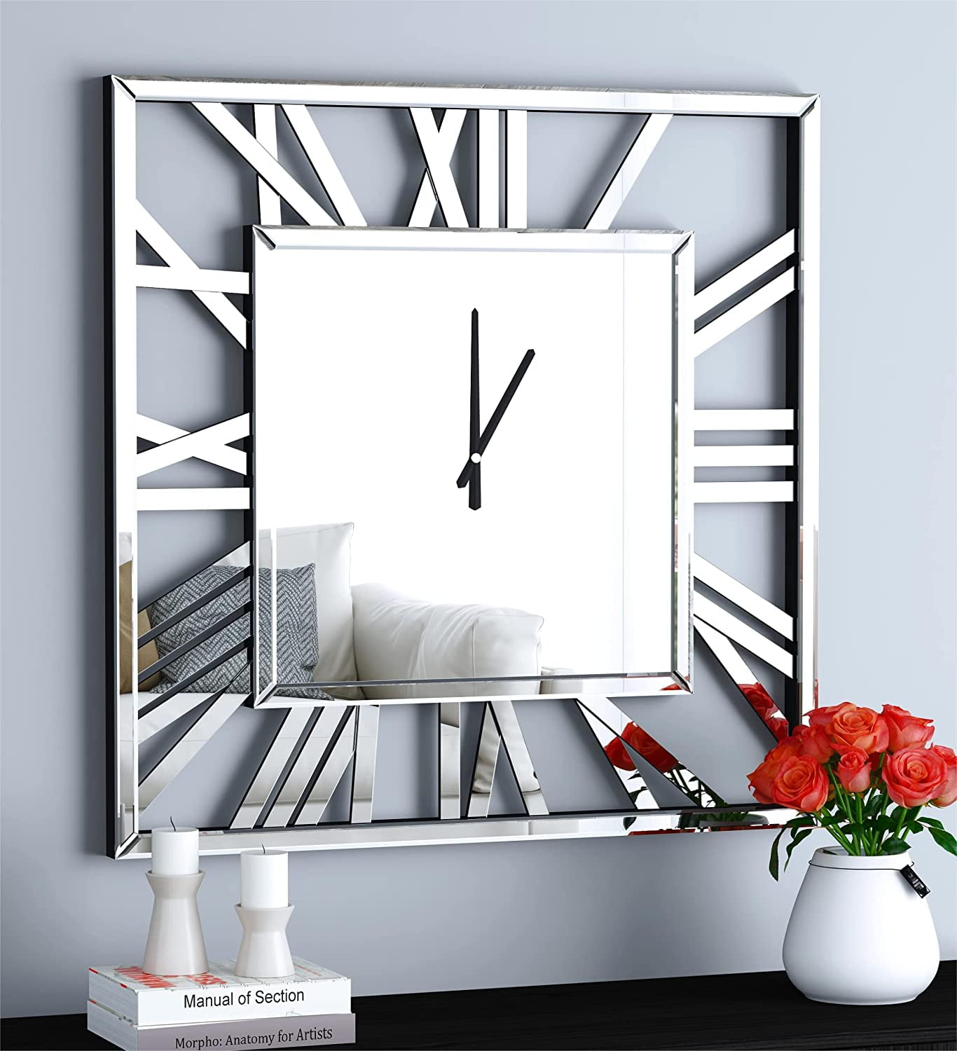 32 Inches Silent Wall Clock-Mirror Glass with Roman Numerals for ...