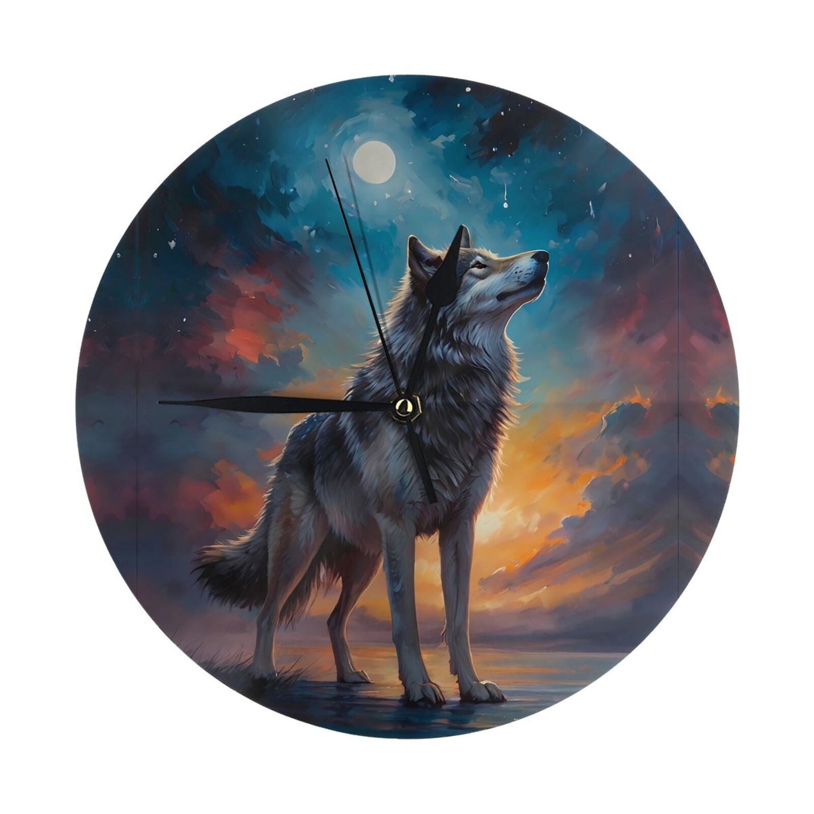 Wall Clock Moonlit Night Sky Wolf Wall Clocks Battery Operated, Modern ...