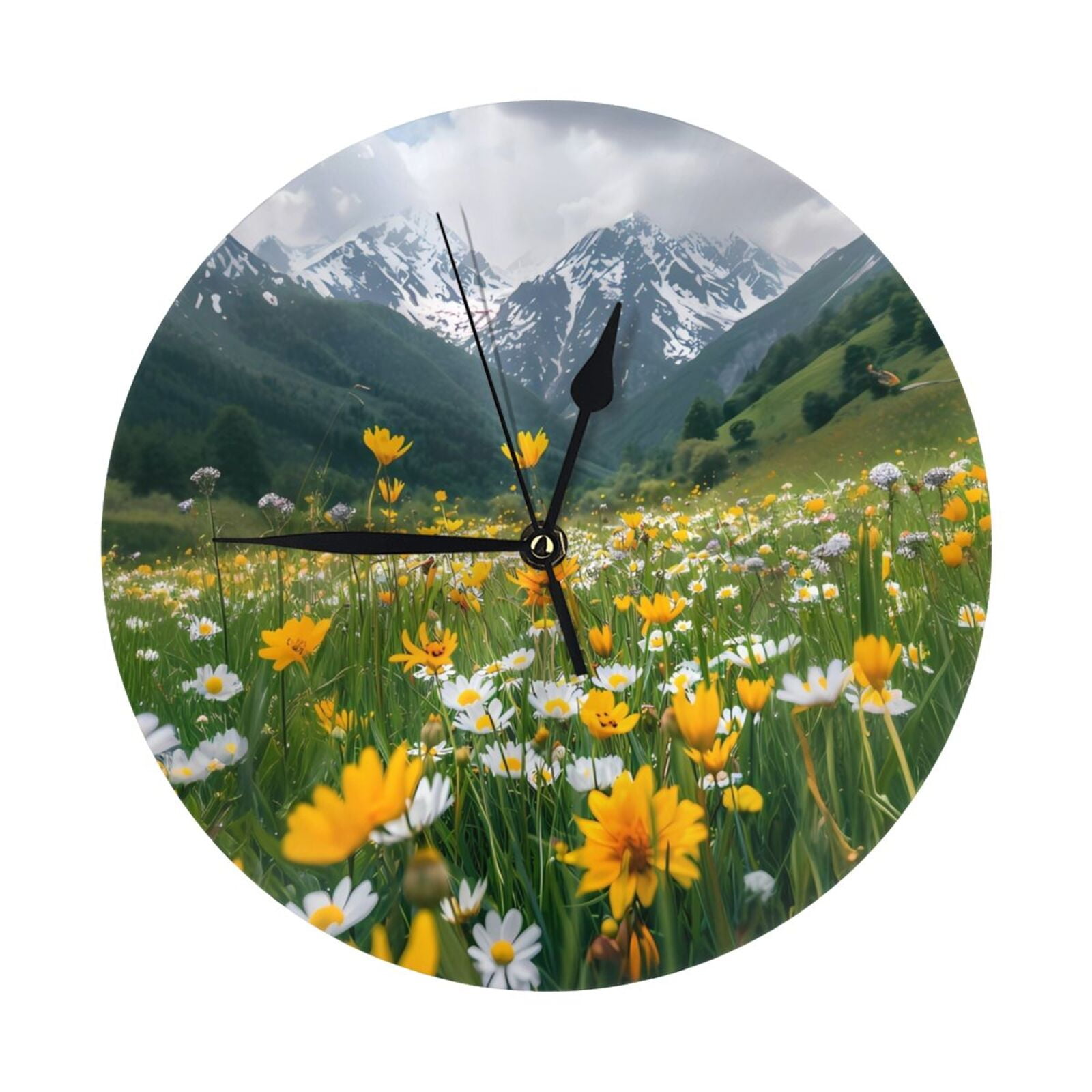 Wall Clock - Mountain Daisy Meadow 9.8 Inch Silent Non Ticking Modern ...
