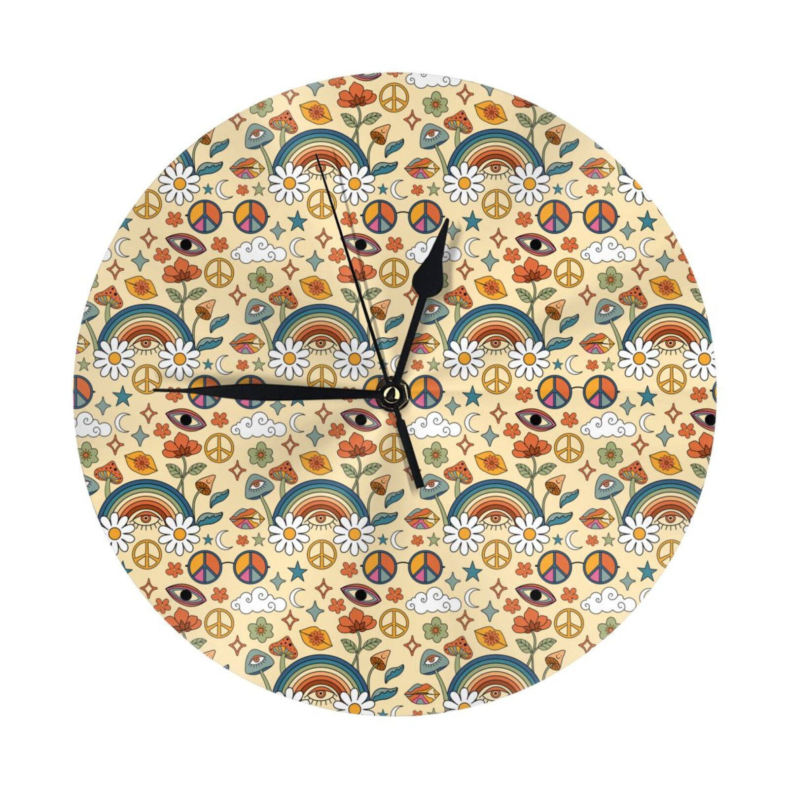 Wall Clock, Mushrooms And Rainbows Peace Wall Clocks Battery Operated ...
