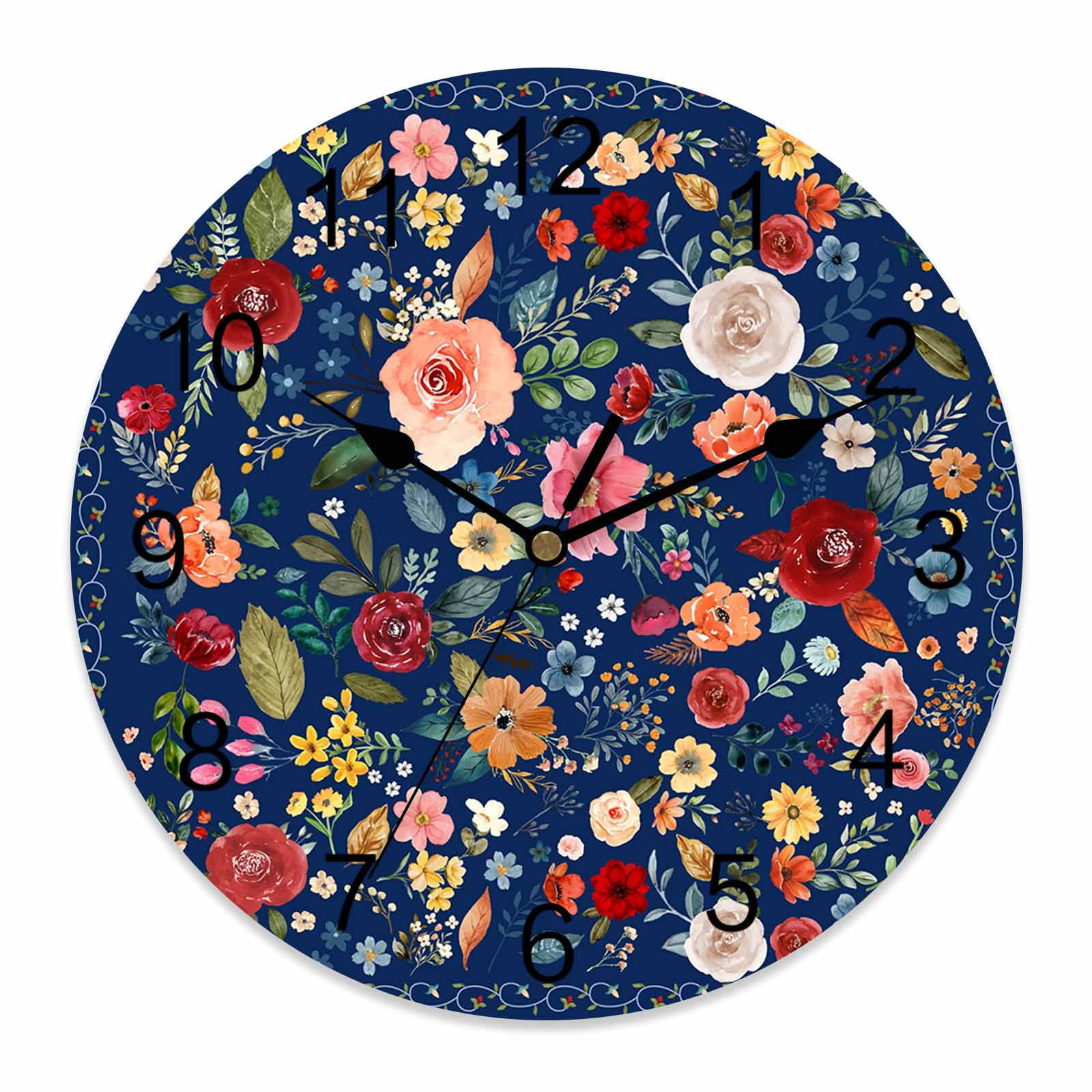 Wall Clock Navy Blue Floral Clocks PVC Silent Non-Ticking Battery ...