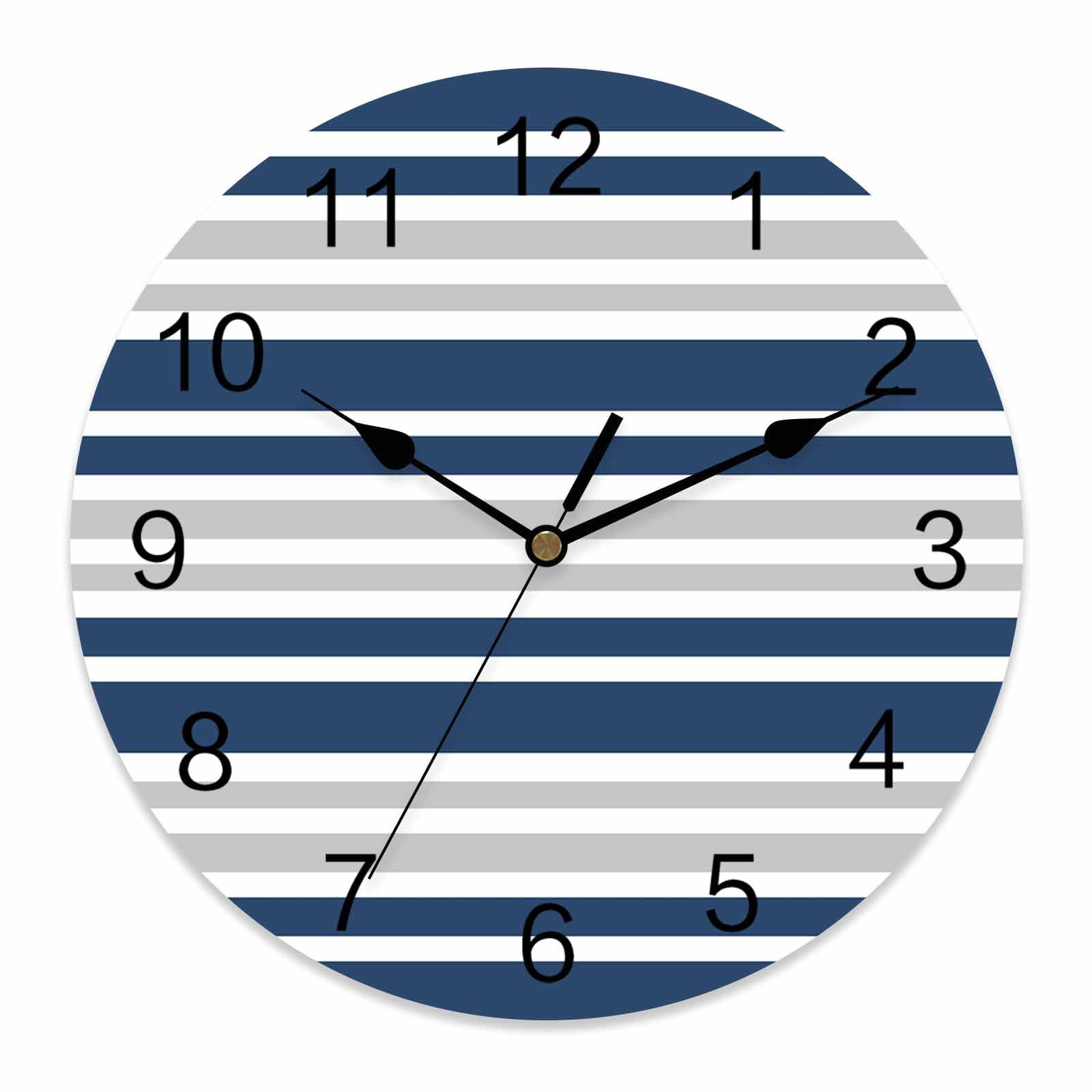 Wall Clock Navy Blue Grey Stripes Clocks PVC Silent Non-Ticking Battery ...