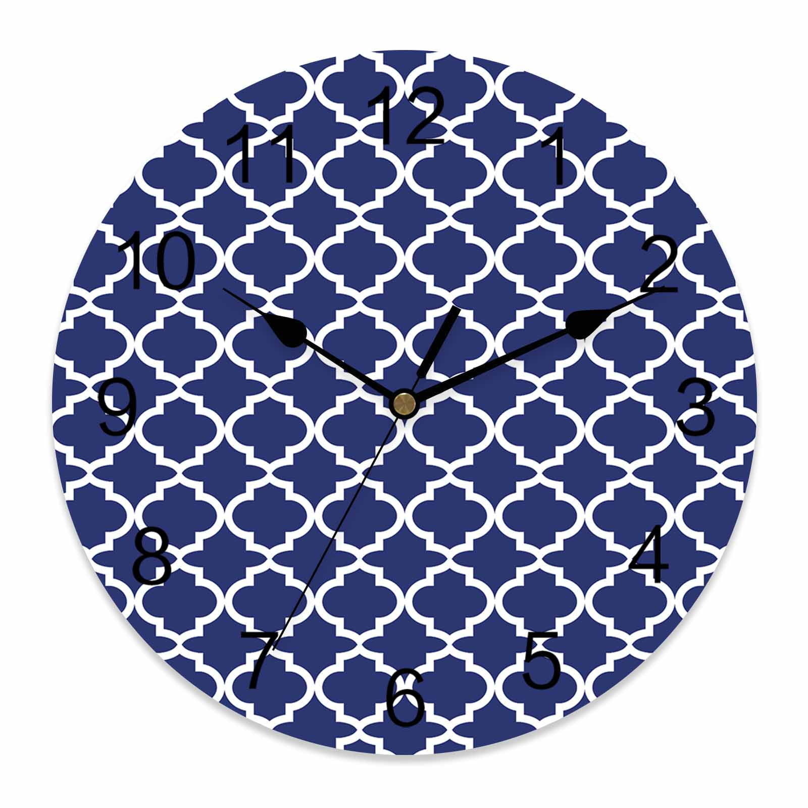 Wall Clock Navy Blue Morocco Pattern Clocks PVC Silent Non-Ticking ...