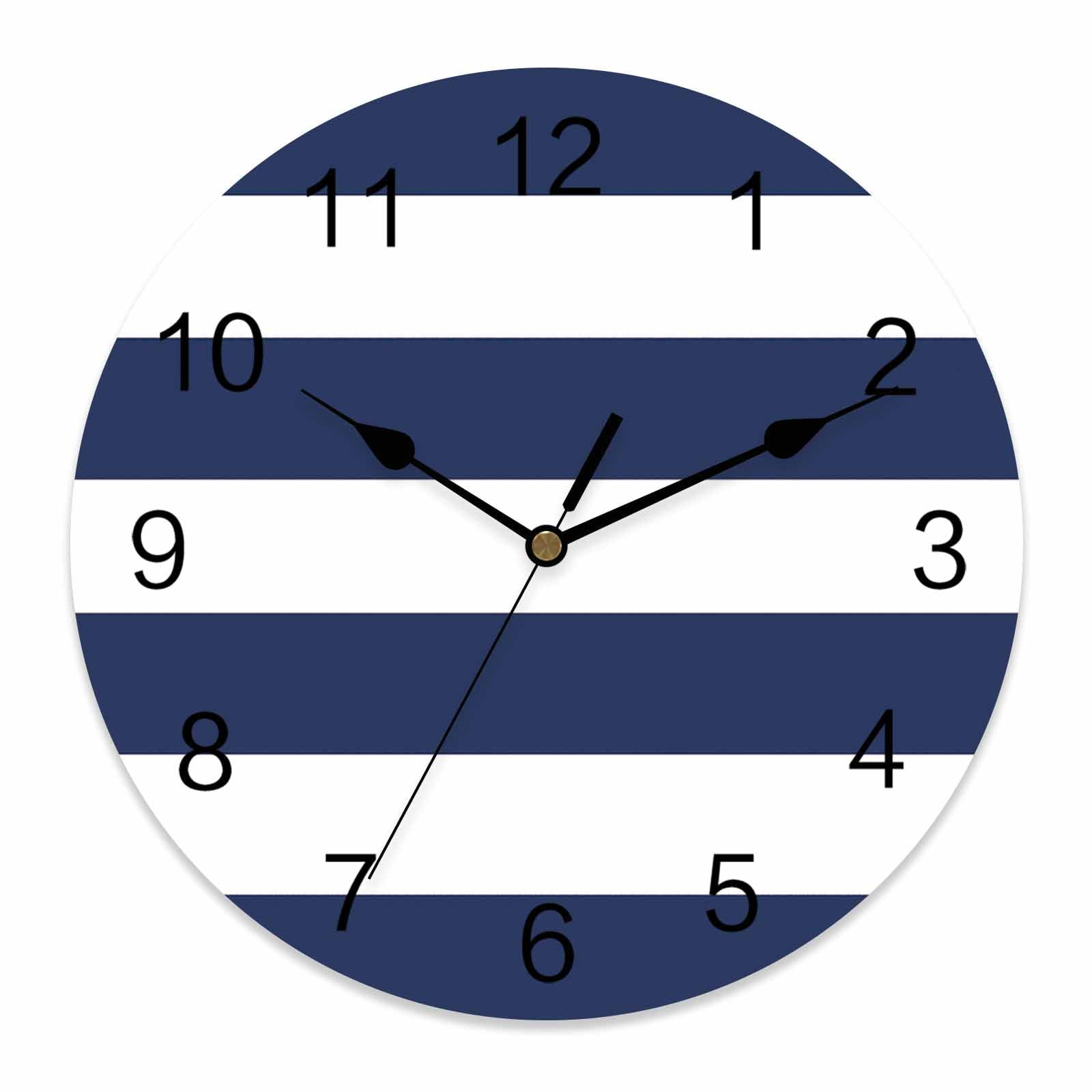 Wall Clock Navy Blue Stripe Clocks PVC Silent Non-Ticking Battery ...
