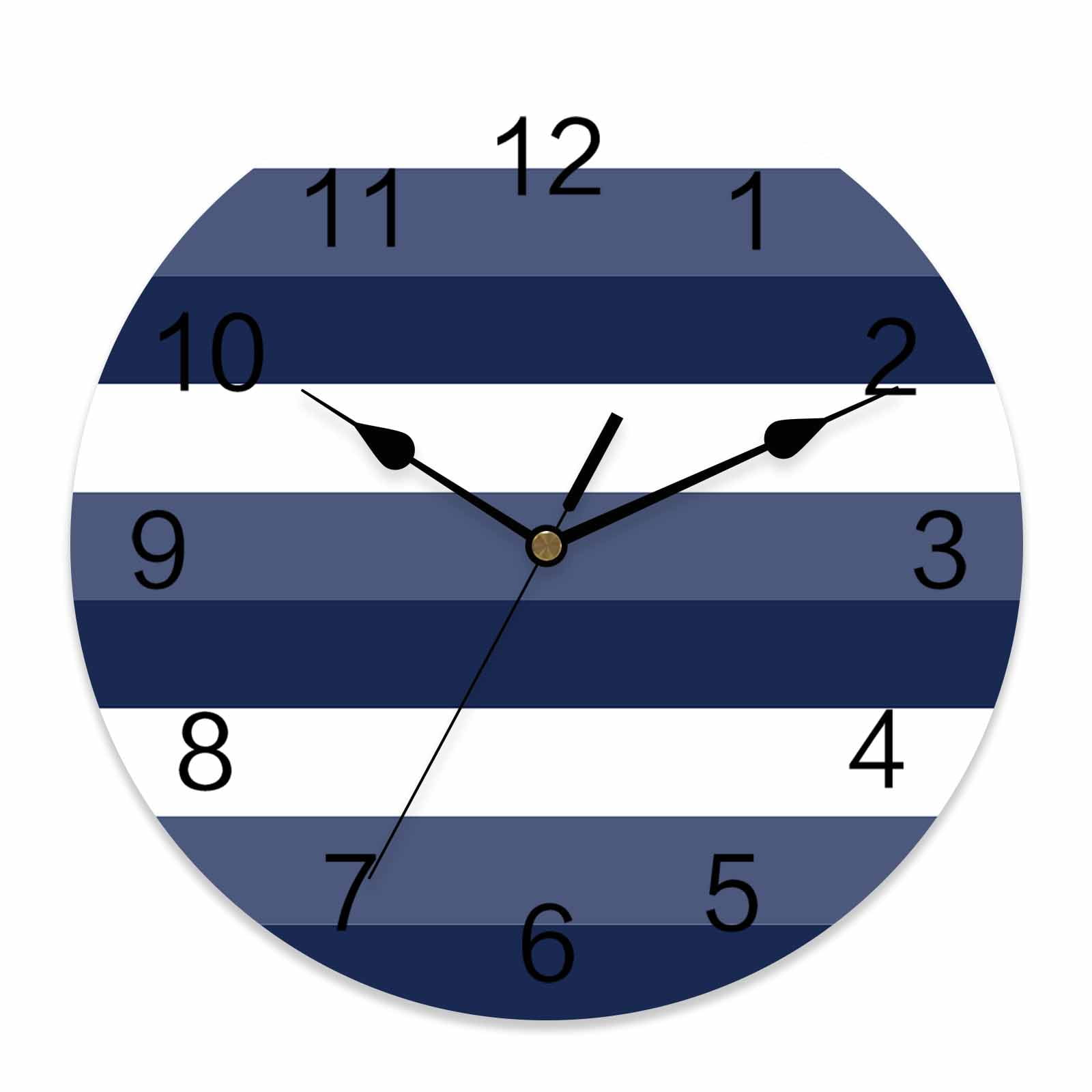 Wall Clock Navy Blue Stripe Clocks PVC Silent Non-Ticking Battery ...