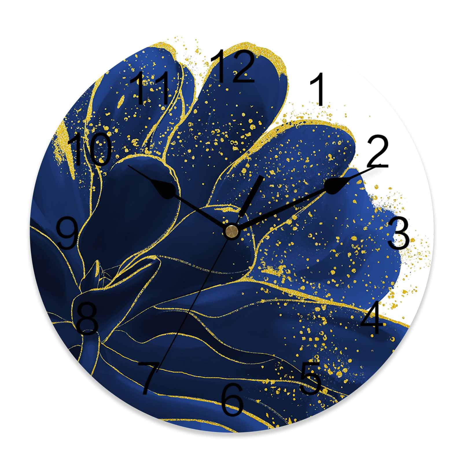Wall Clock Navy Blue Watercolor Floral Clocks PVC Silent Non-Ticking ...