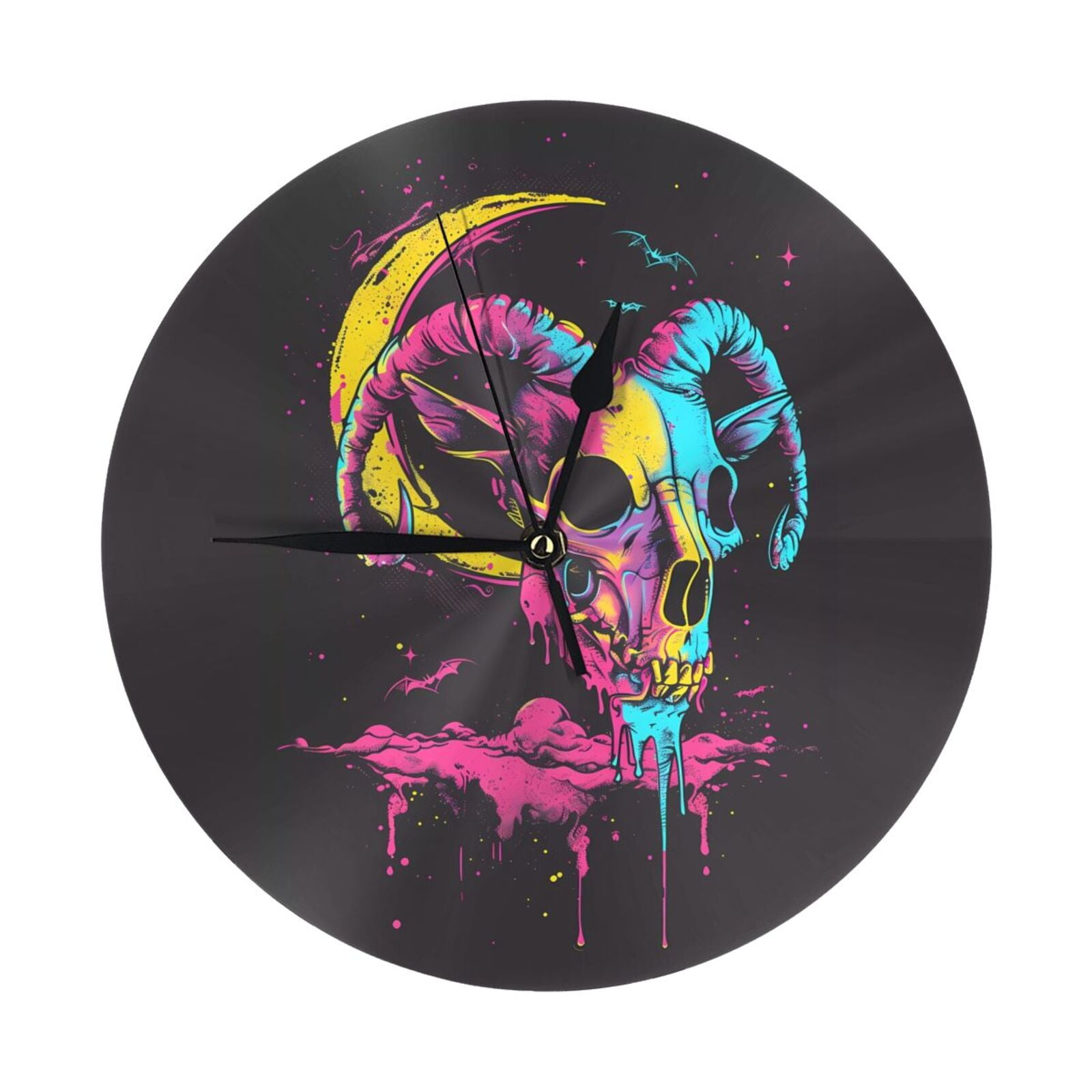 Wall Clock, Neon Gothic Skull Moon Wall Clocks Battery Operated Silent ...