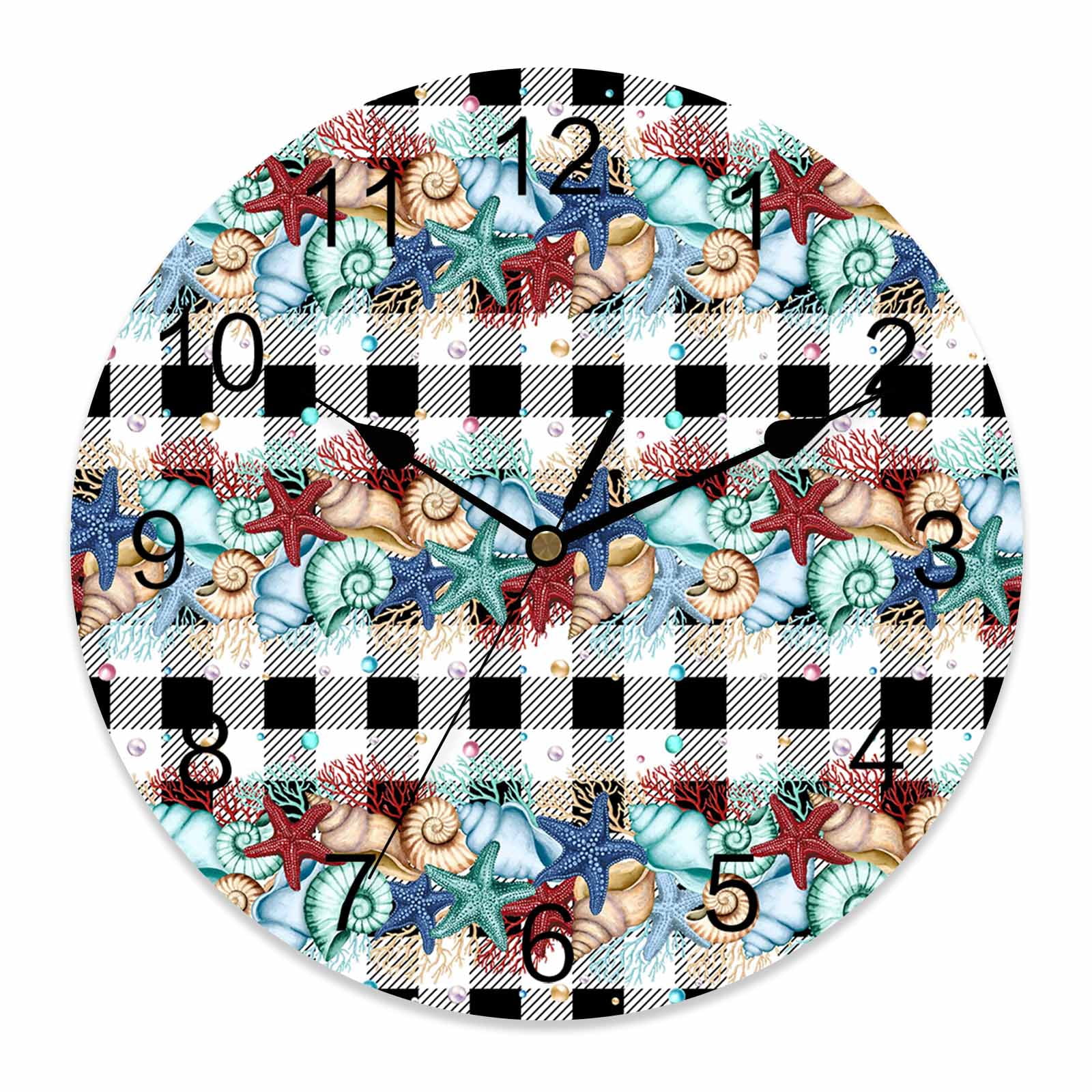 Wall Clock Ocean Coral Starfish Conch Clocks PVC Silent Non-Ticking ...