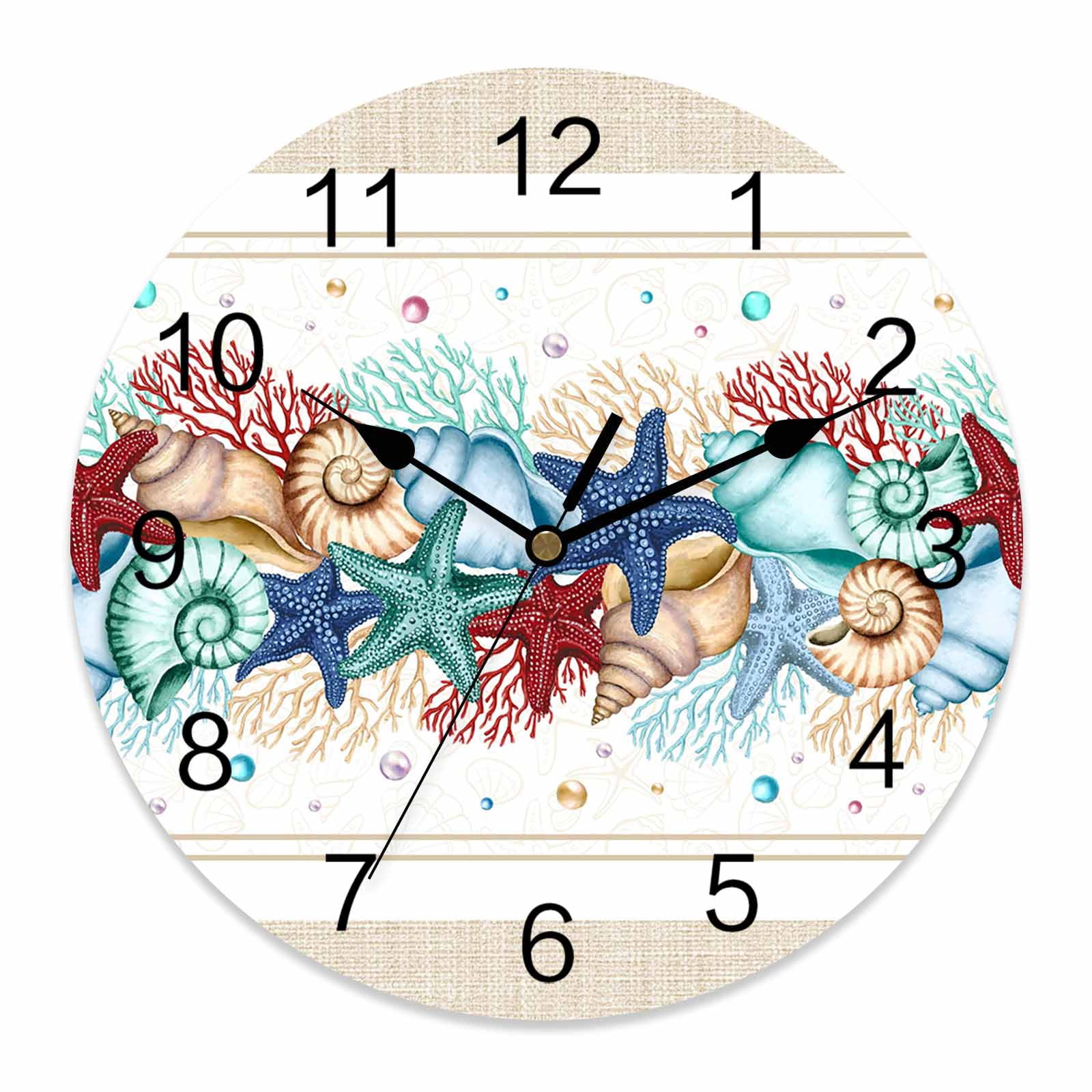 Wall Clock Ocean Coral Starfish Conch Clocks PVC Silent Non-Ticking ...