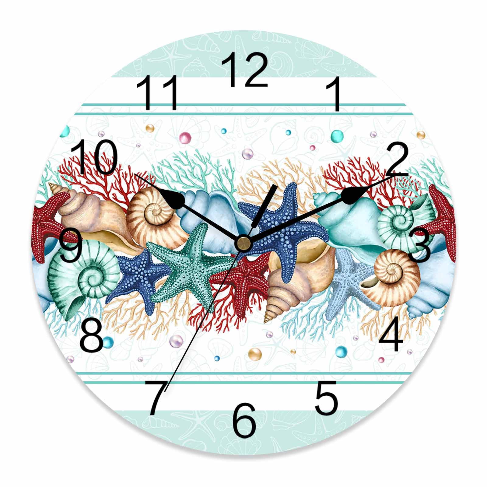 Wall Clock Ocean Coral Starfish Conch Clocks PVC Silent Non-Ticking ...
