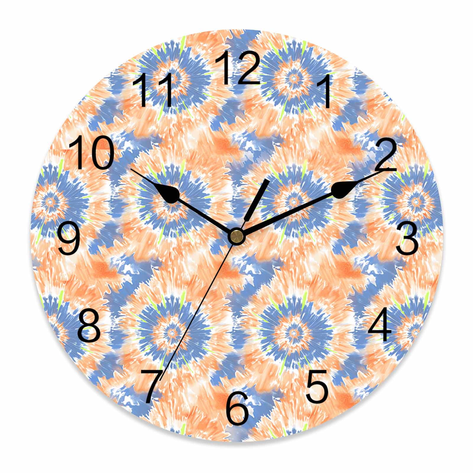 Wall Clock Orange Blue Tie Dye Clocks PVC Silent Non-Ticking Battery ...