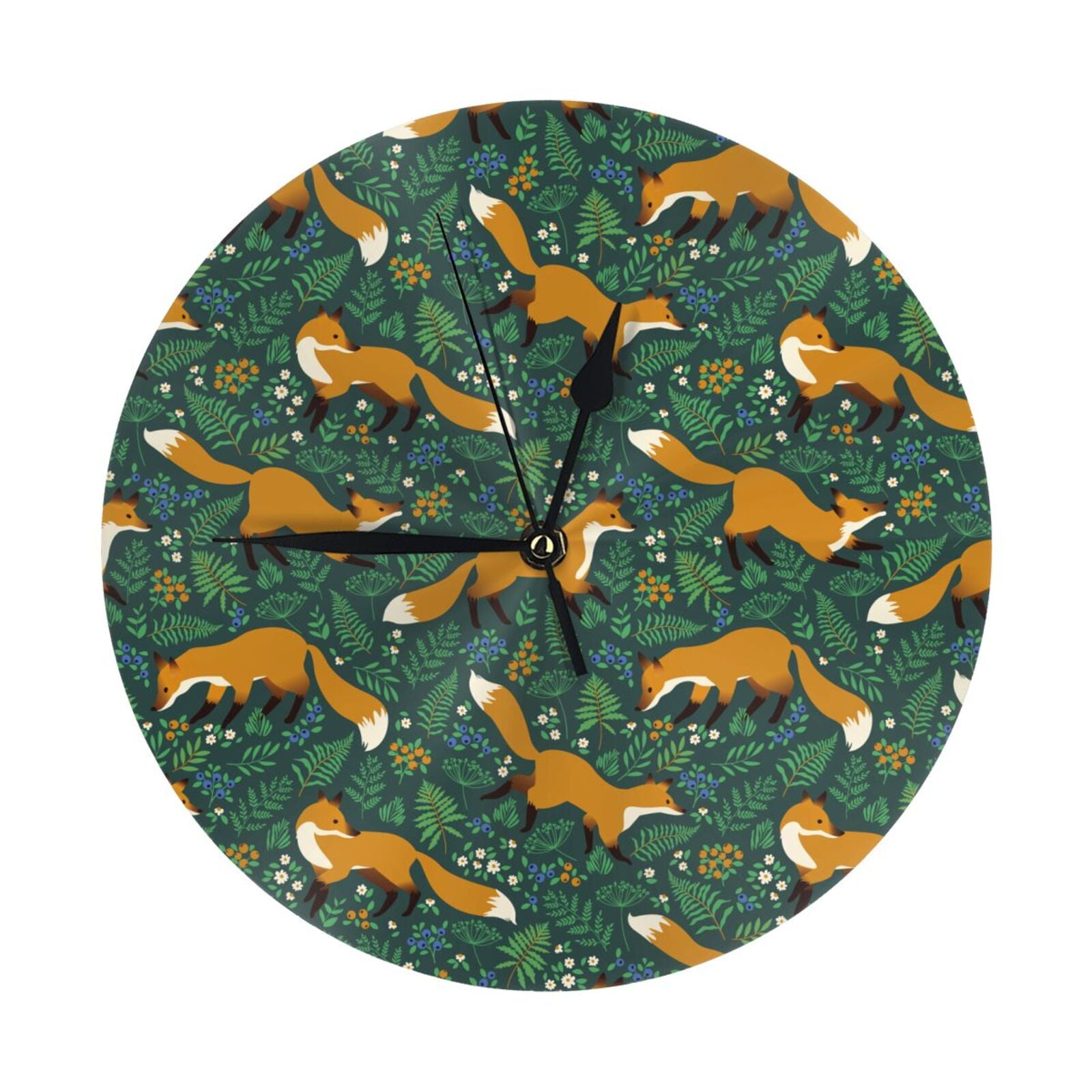 Wall Clock, Orange Fox Greenery Wall Clocks Battery Operated Silent ...