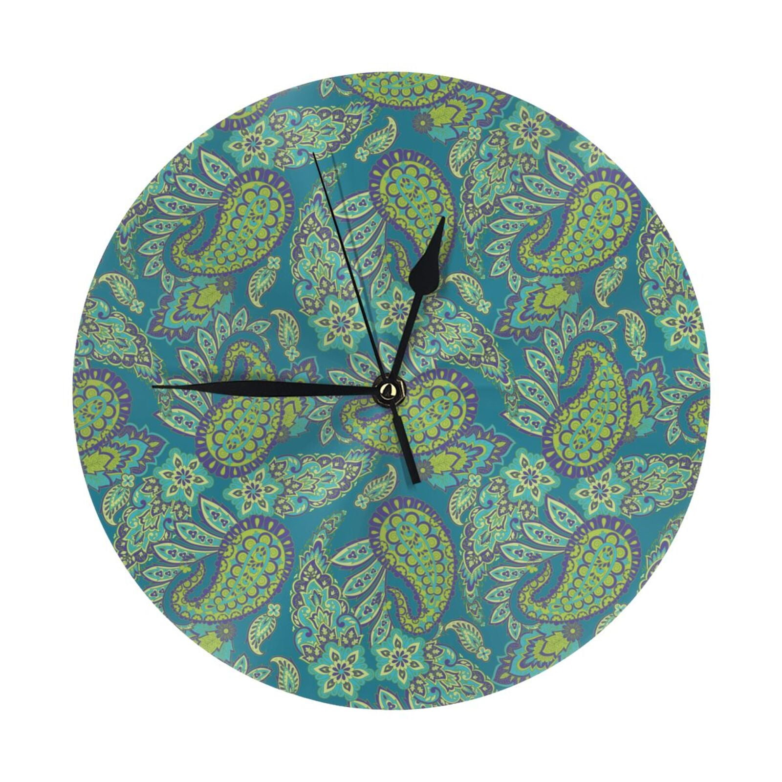 Wall Clock, Paisley Pattern Green Wall Clocks Battery Operated Silent ...
