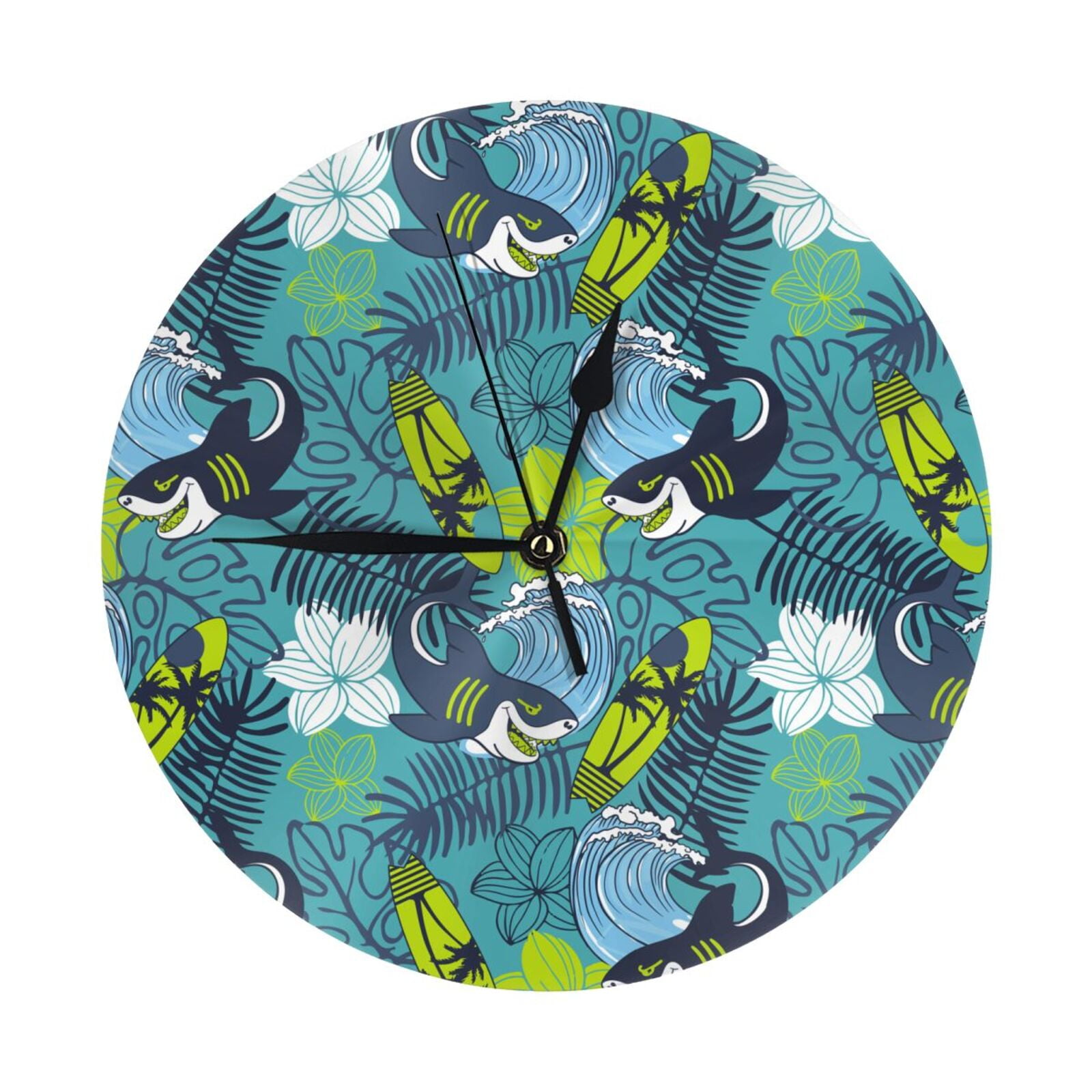 Wall Clock - Palm leaf surfboard shark 9.8 Inch Silent Non Ticking ...