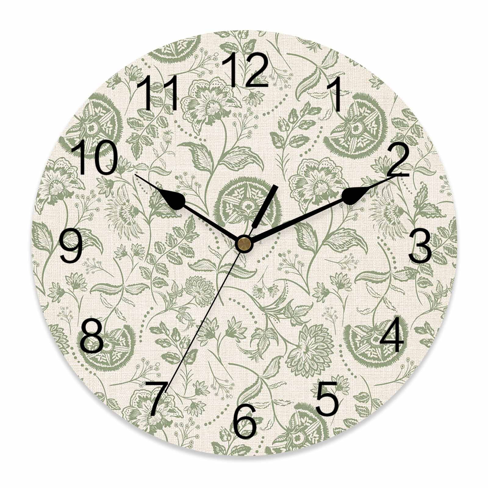Wall Clock Pastoral Flowers Green Clocks PVC Silent Non-Ticking Battery ...