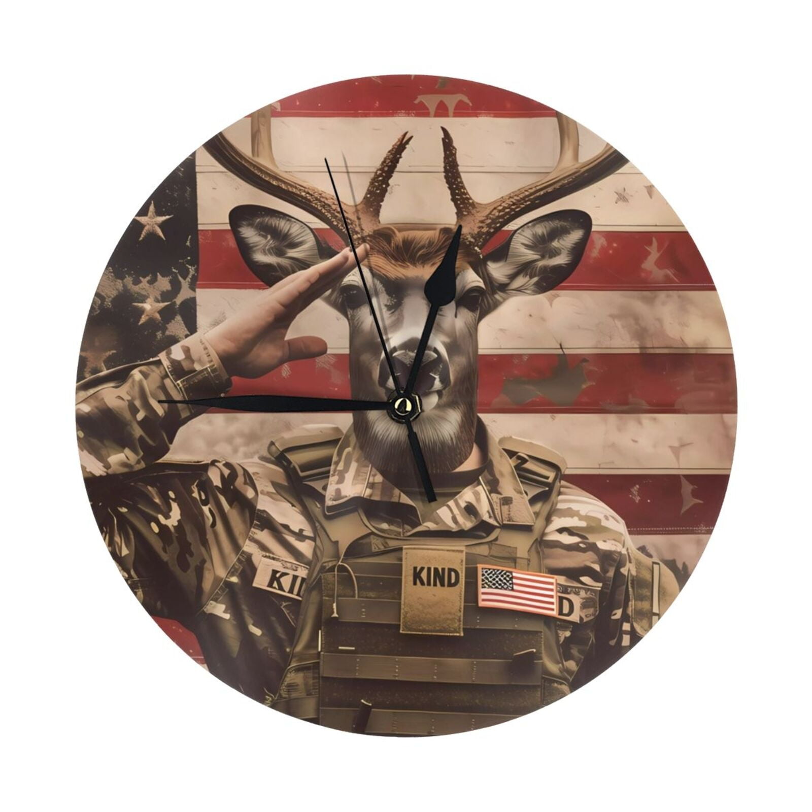 Wall Clock - Patriotic Deer Soldier Salute 9.8 Inch Silent Non Ticking ...