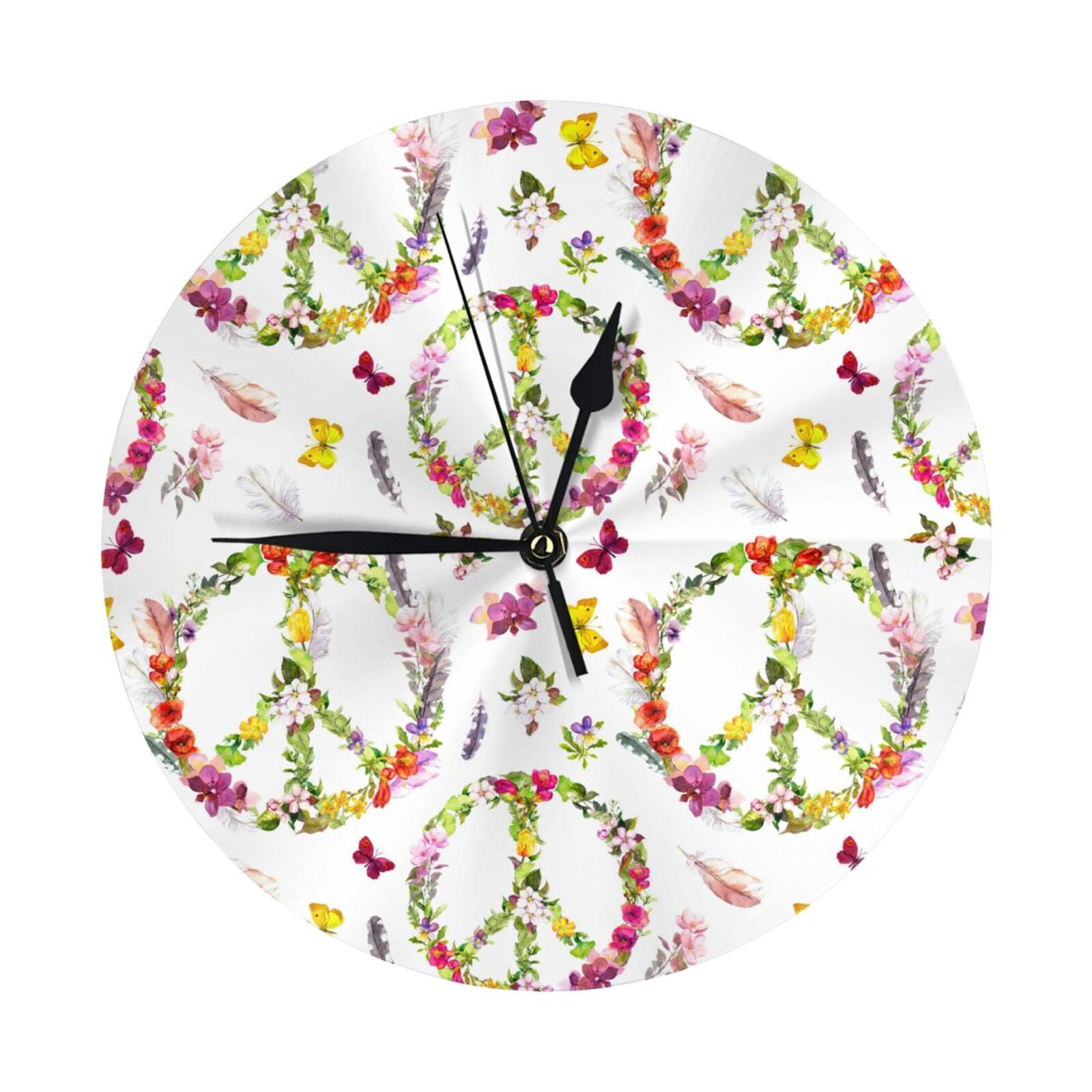 Wall Clock - Peace sign flower butterfly feather boho 9.8 Inch Silent ...