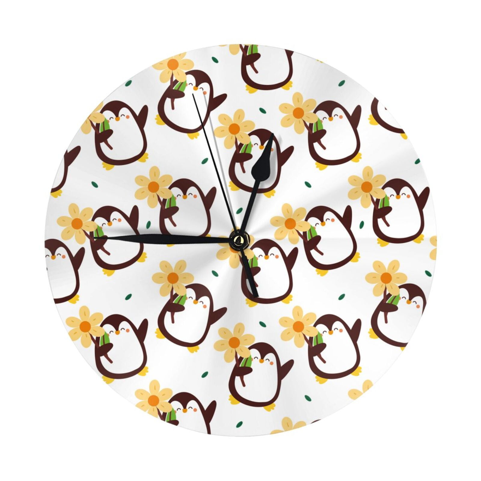 Wall Clock, Penguin With Flowers Wall Clocks Battery Operated Silent ...