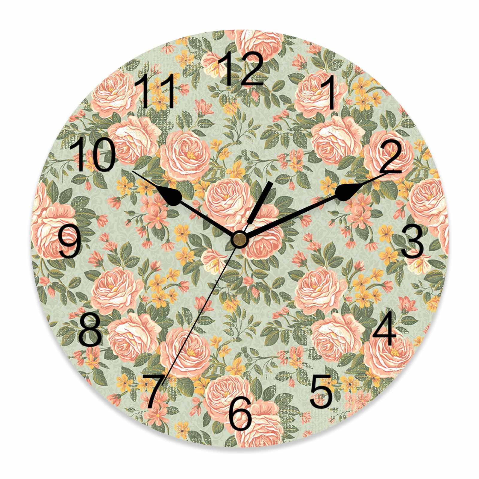 Wall Clock Pink Camellia Floral Clocks PVC Silent Non-Ticking Battery ...