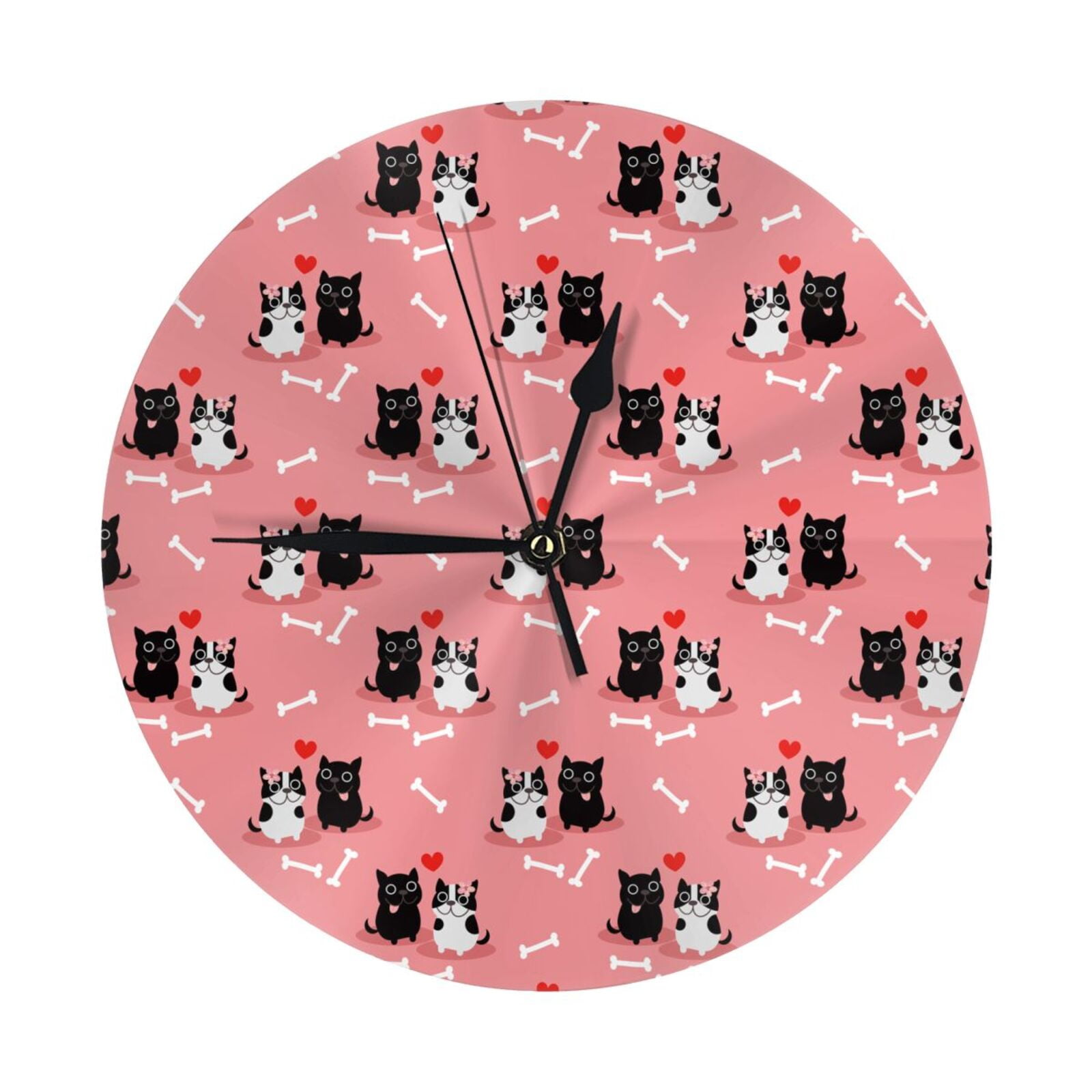 Wall Clock, Pink Cute Couple Cats Love Bones Wall Clocks Battery ...