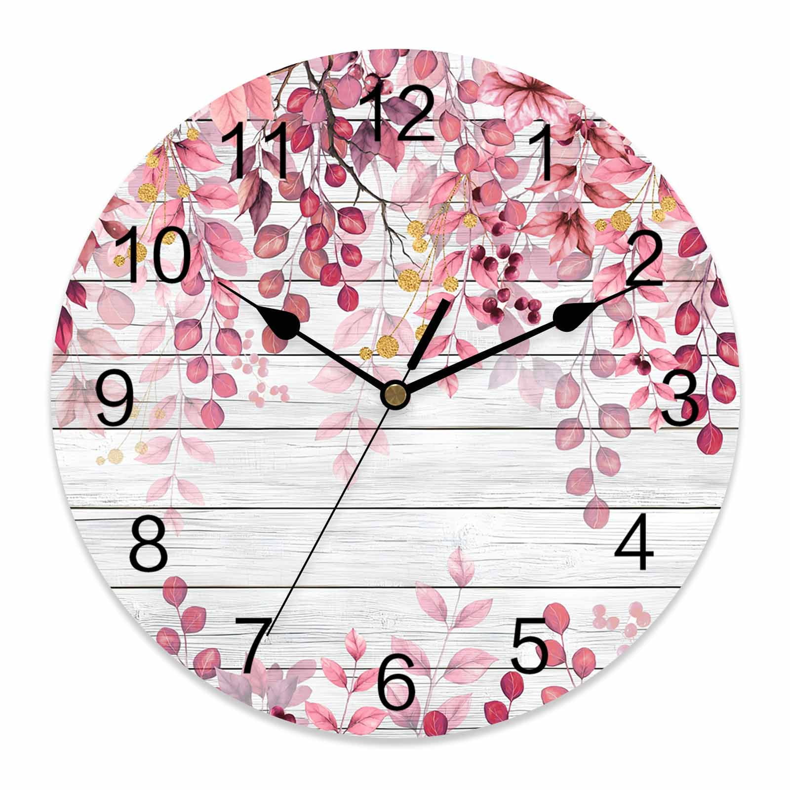 Wall Clock Pink Eucalyptus Leaves Clocks PVC Silent Non-Ticking Battery ...
