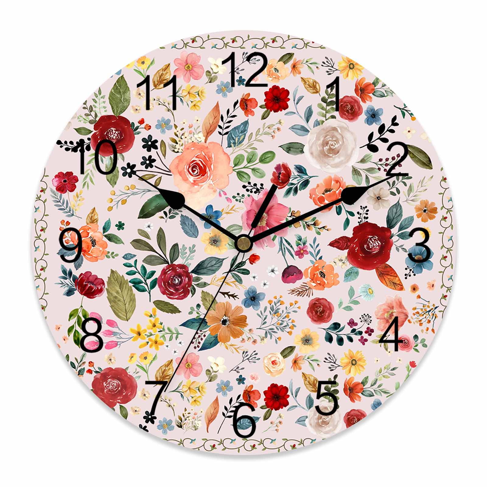 Wall Clock Pink Floral Clocks PVC Silent Non-Ticking Battery Operated ...
