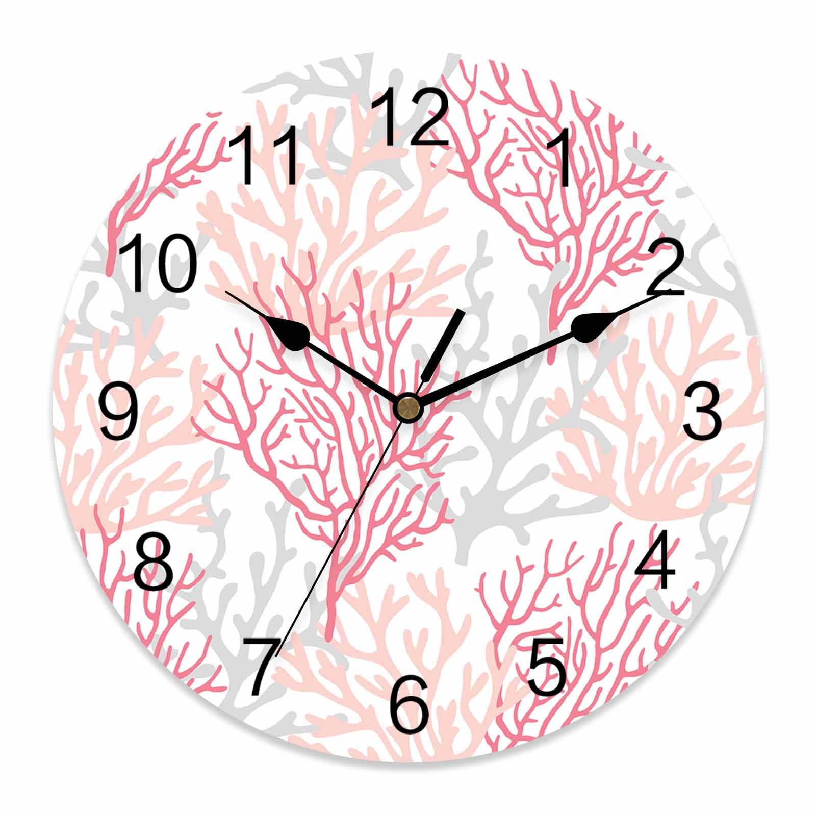 Wall Clock Pink Grey Ocean Coral Clocks PVC Silent Non-Ticking Battery ...