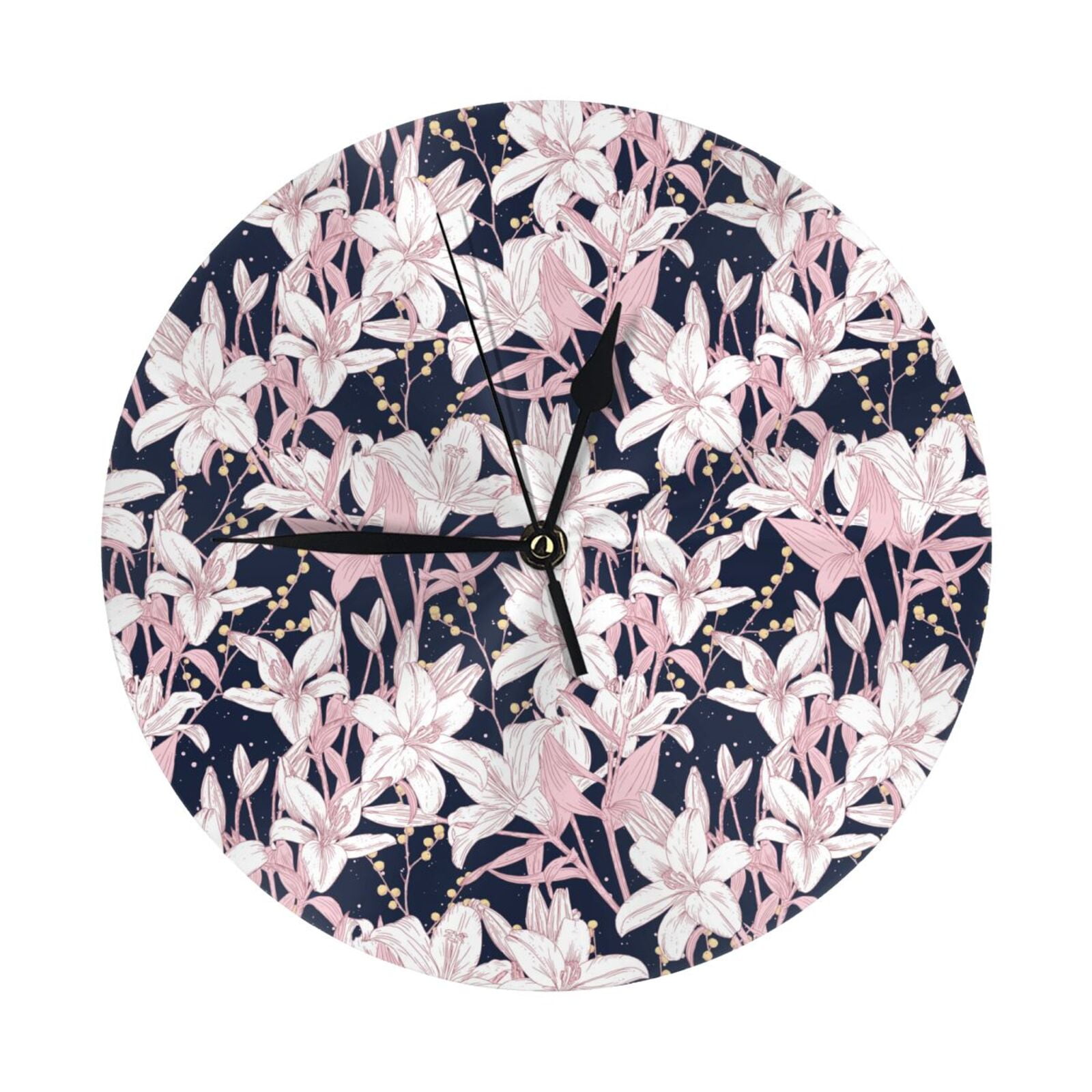 Wall Clock, Pink Leaves Lilies Flowers Wall Clocks Battery Operated ...