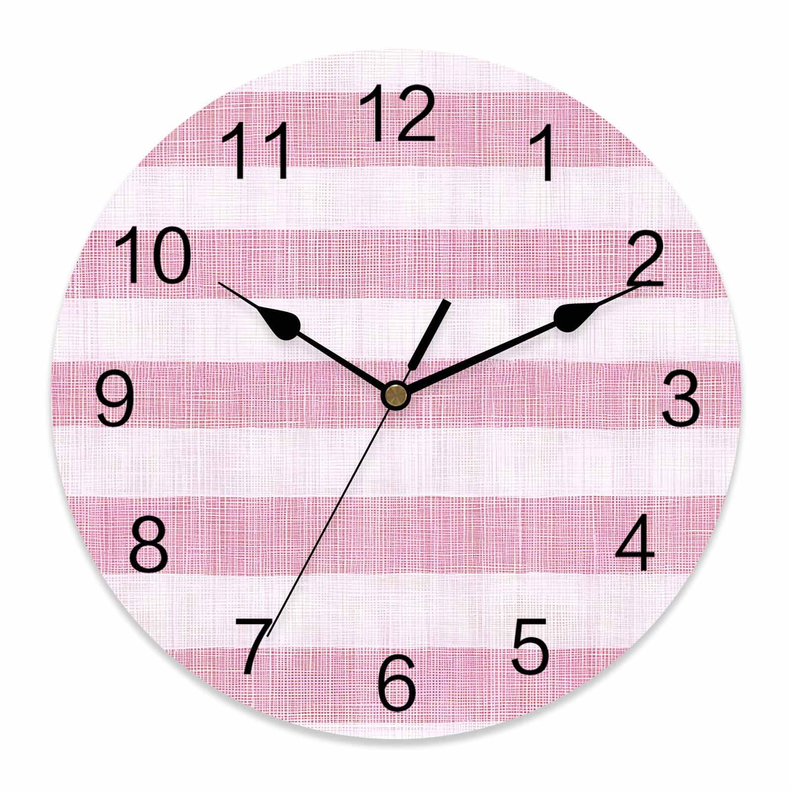 Wall Clock Pink Linen Stripes Clocks PVC Silent Non-Ticking Battery ...