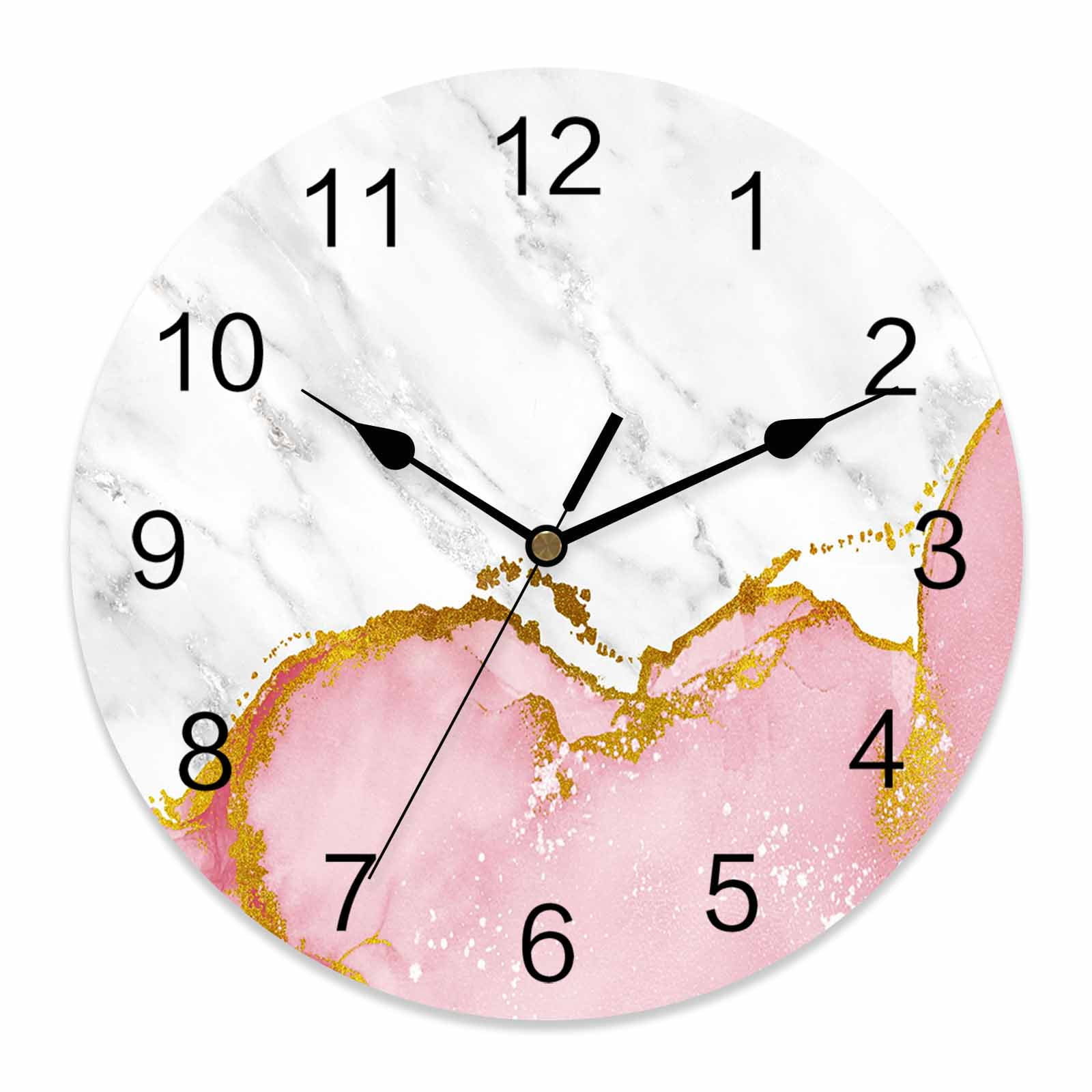 Wall Clock Pink Marble Clocks PVC Silent Non-Ticking Battery Operated ...