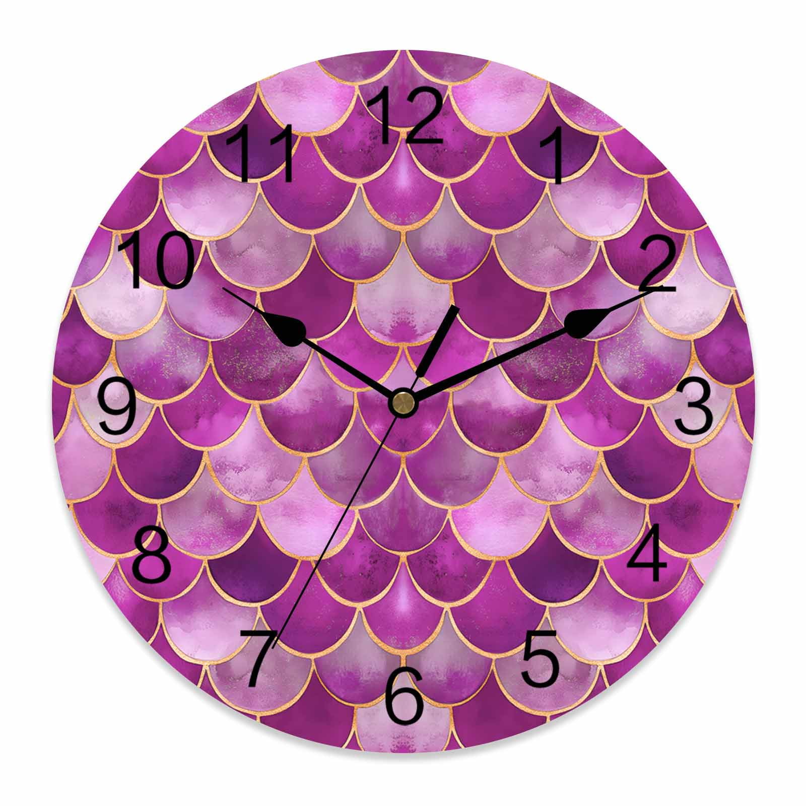 Wall Clock Pink Mermaid Scales Clocks PVC Silent Non-Ticking Battery ...