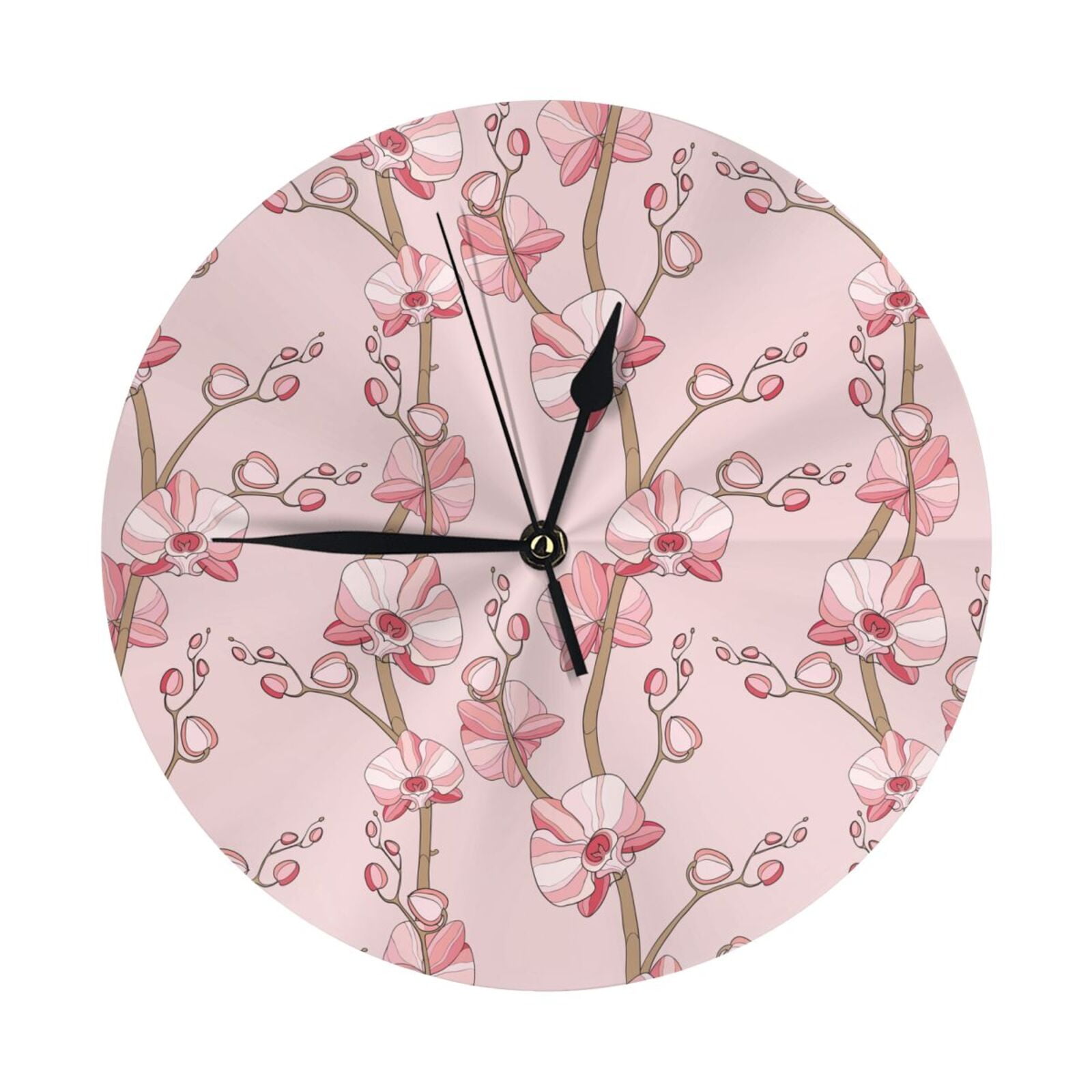 Wall Clock, Pink Orchids Flowers Wall Clocks Battery Operated Silent ...