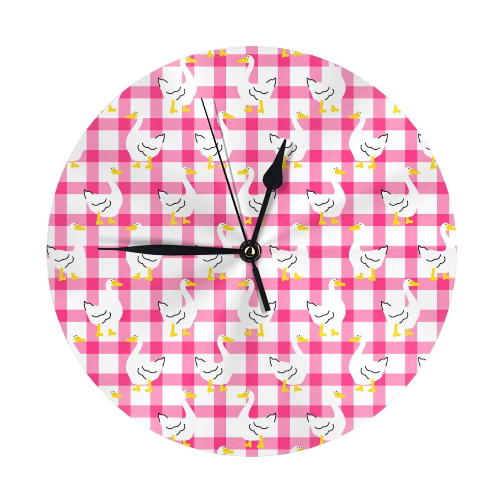 Wall Clock, Pink Plaid Cute Duck Wall Clocks Battery Operated Silent ...