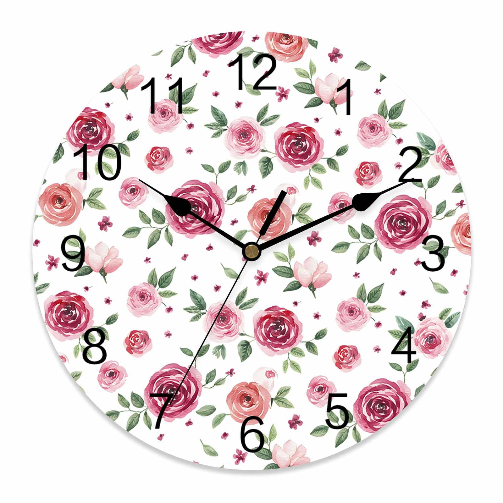Wall Clock Pink Rose Clocks PVC Silent Non-Ticking Battery Operated ...