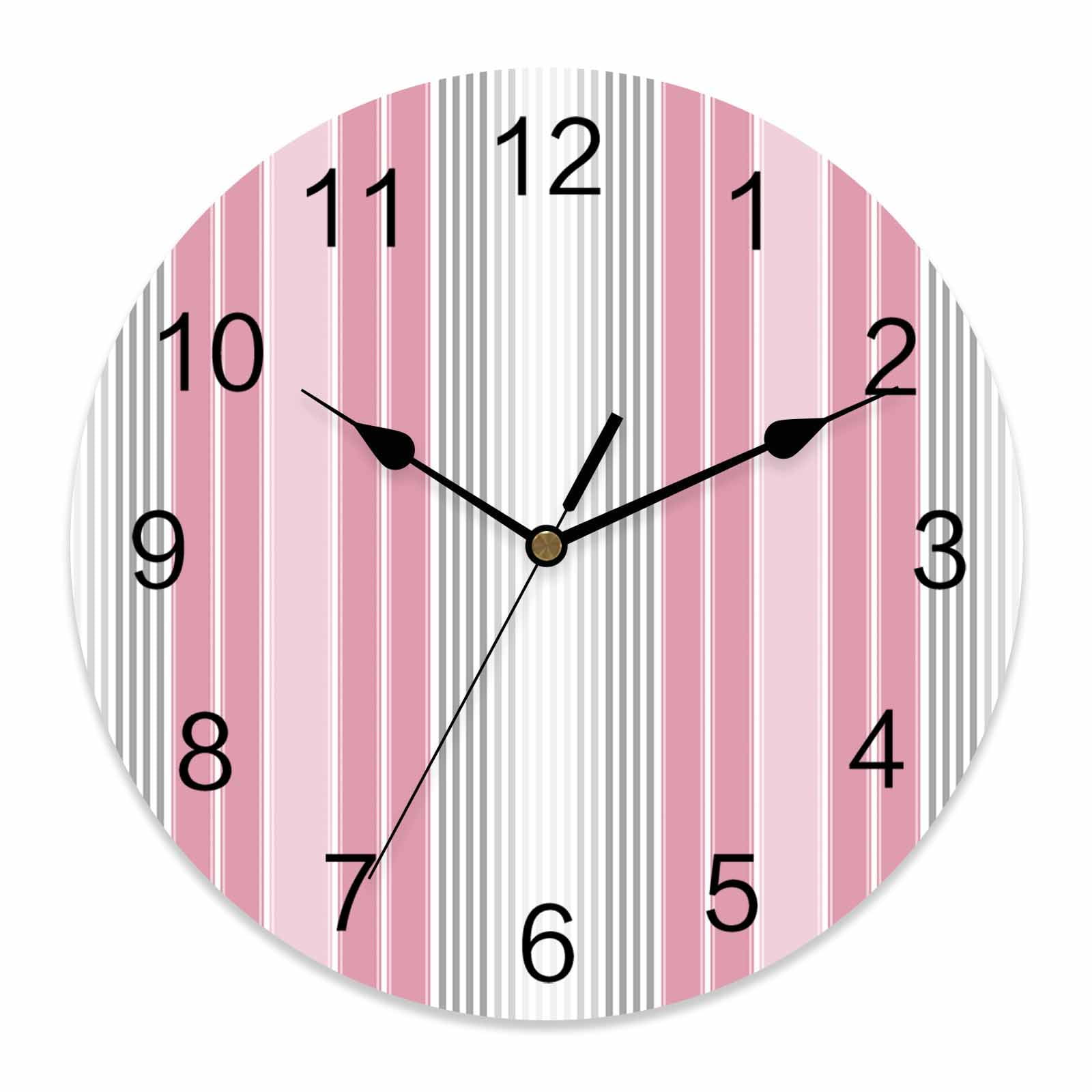 Wall Clock Pink Vertical Stripes Clocks PVC Silent Non-Ticking Battery ...