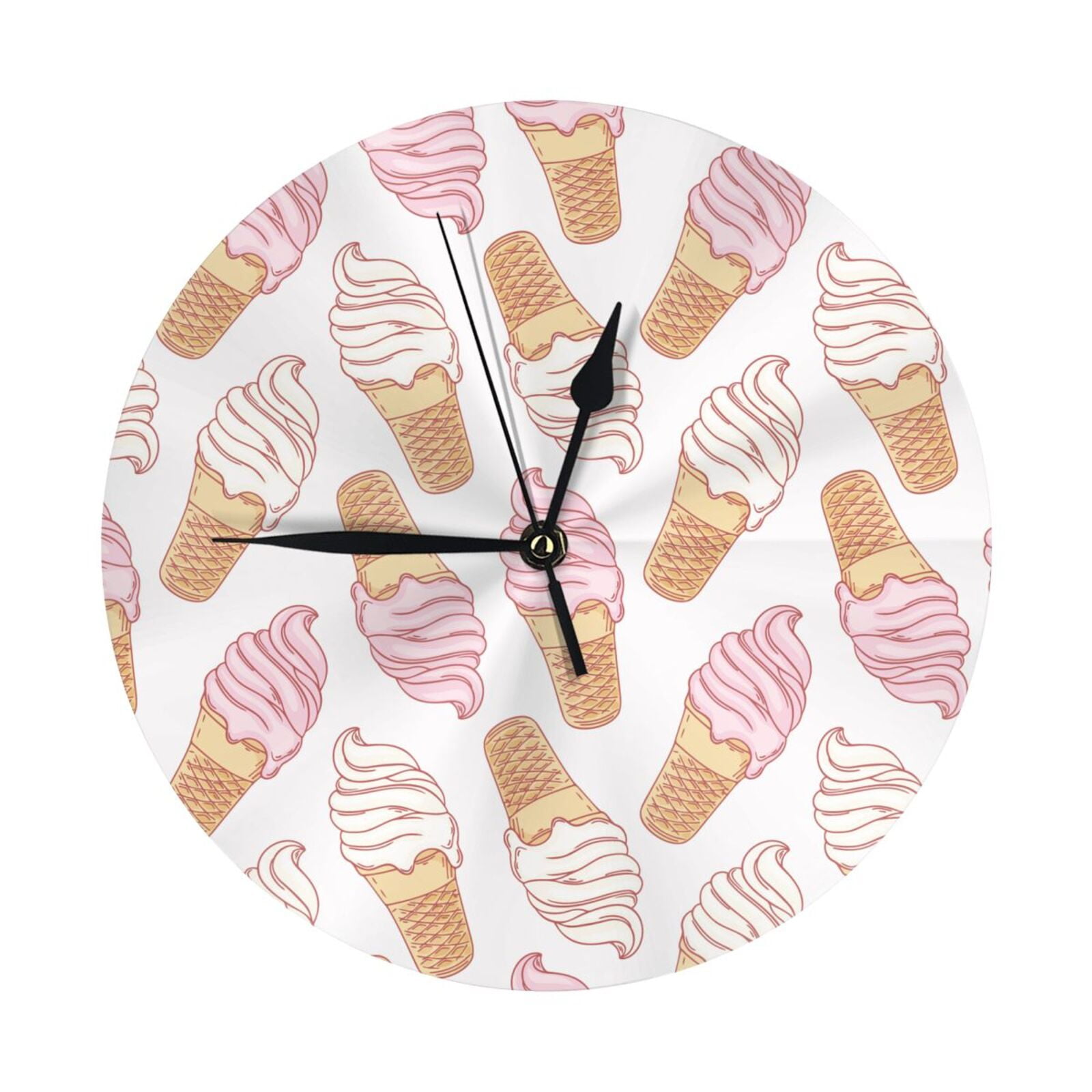 Wall Clock, Pink White Ice Cream Print Wall Clocks Battery Operated ...