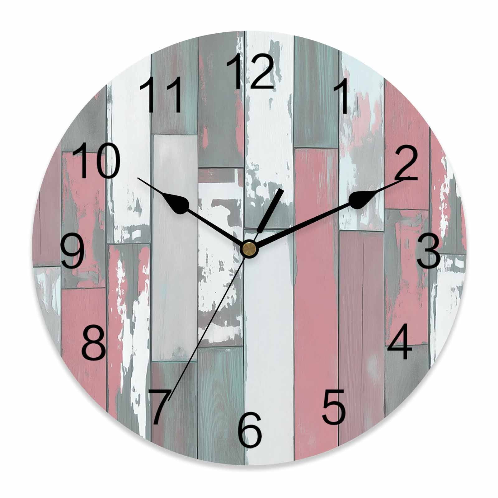 Wall Clock Pink Wood Grain Clocks PVC Silent Non-Ticking Battery ...