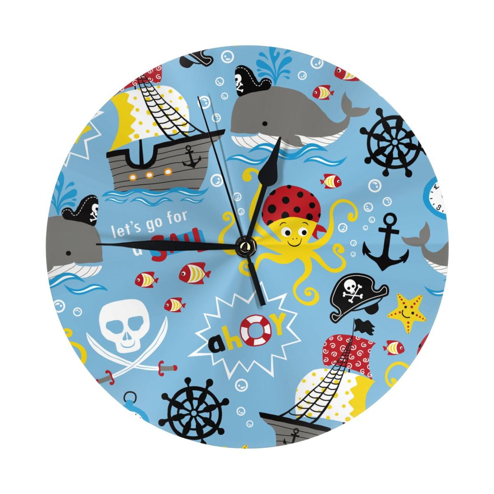 Wall Clock, Pirate Marine Animals Wall Clocks Battery Operated Silent ...