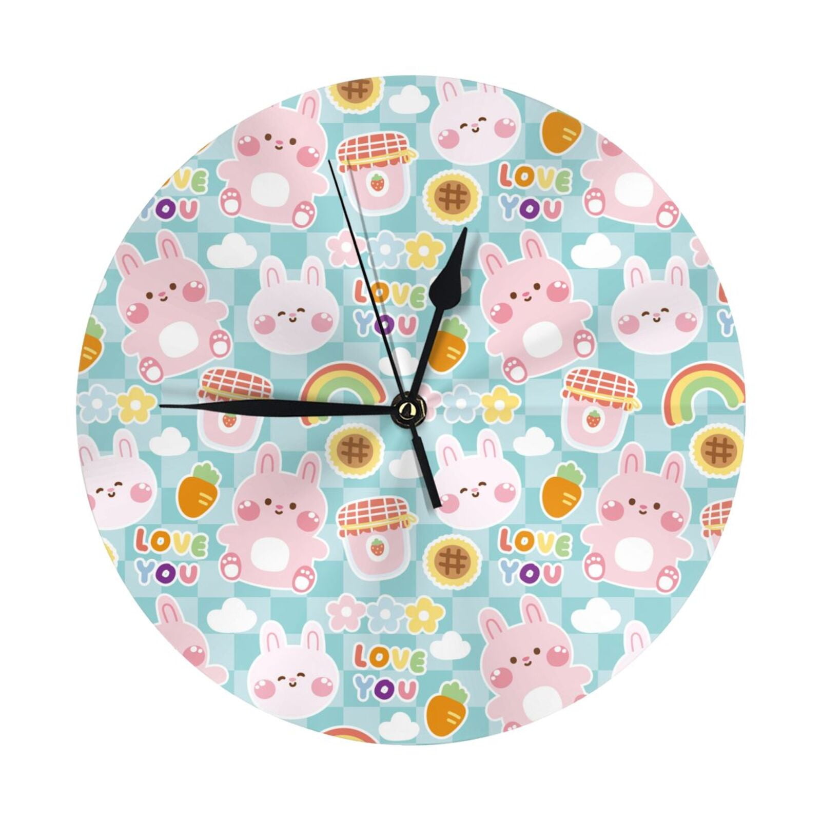 Wall Clock, Plaid Cartoon Rabbit Radish Wall Clocks Battery Operated ...
